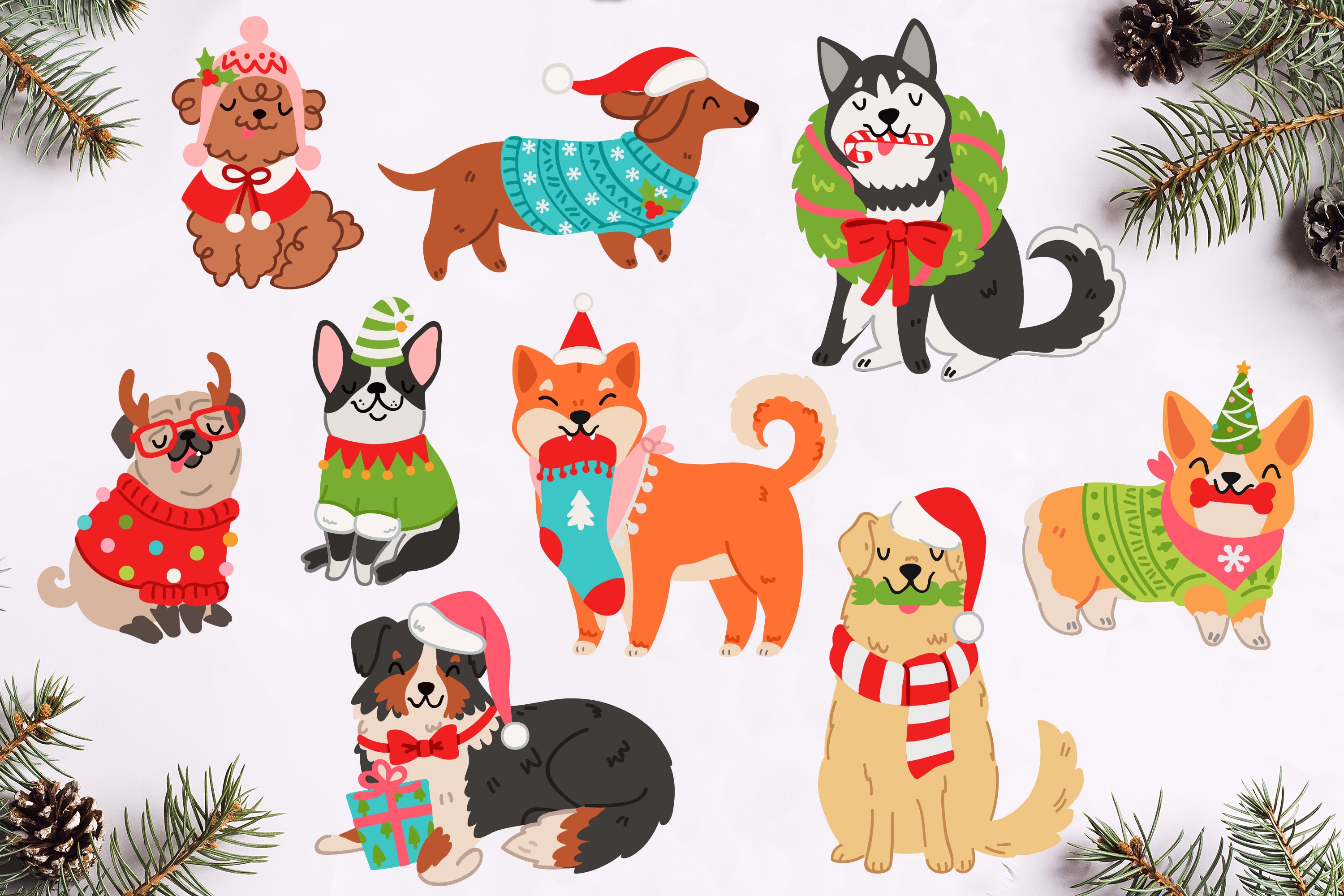 Christmas Dogs Vector Art (407698) | Illustrations | Design Bundles