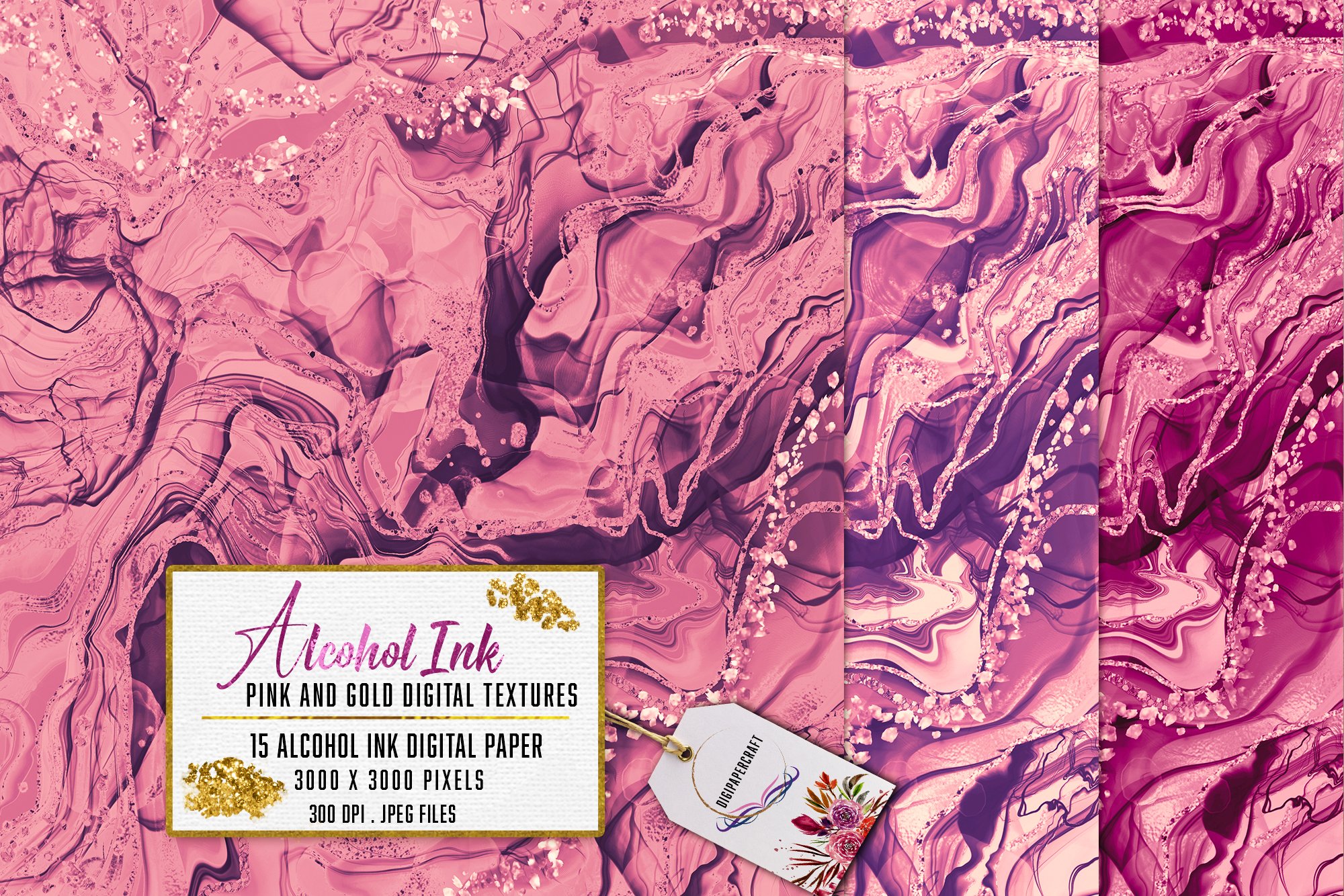 Pink Alcohol Ink digital paper, Gold Liquid ink textures (829478 ...