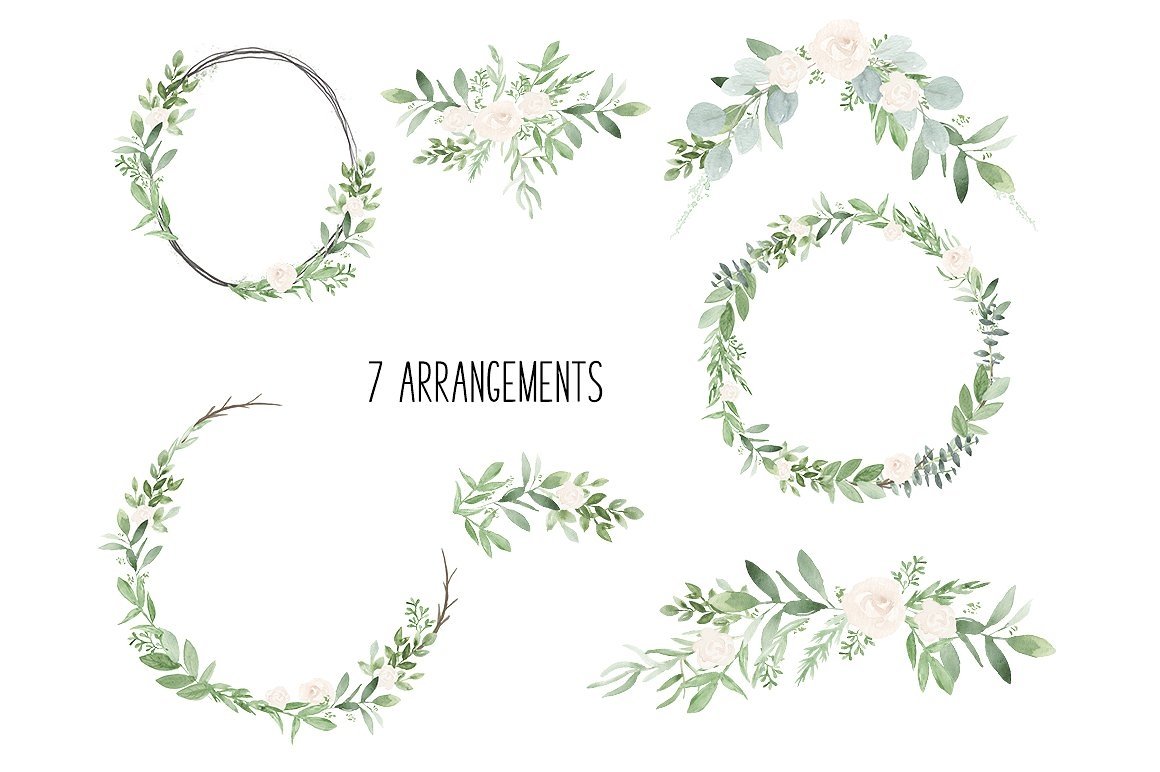 Greenery & White Flower Greenery Wedding watercolor clip art (93780 ...