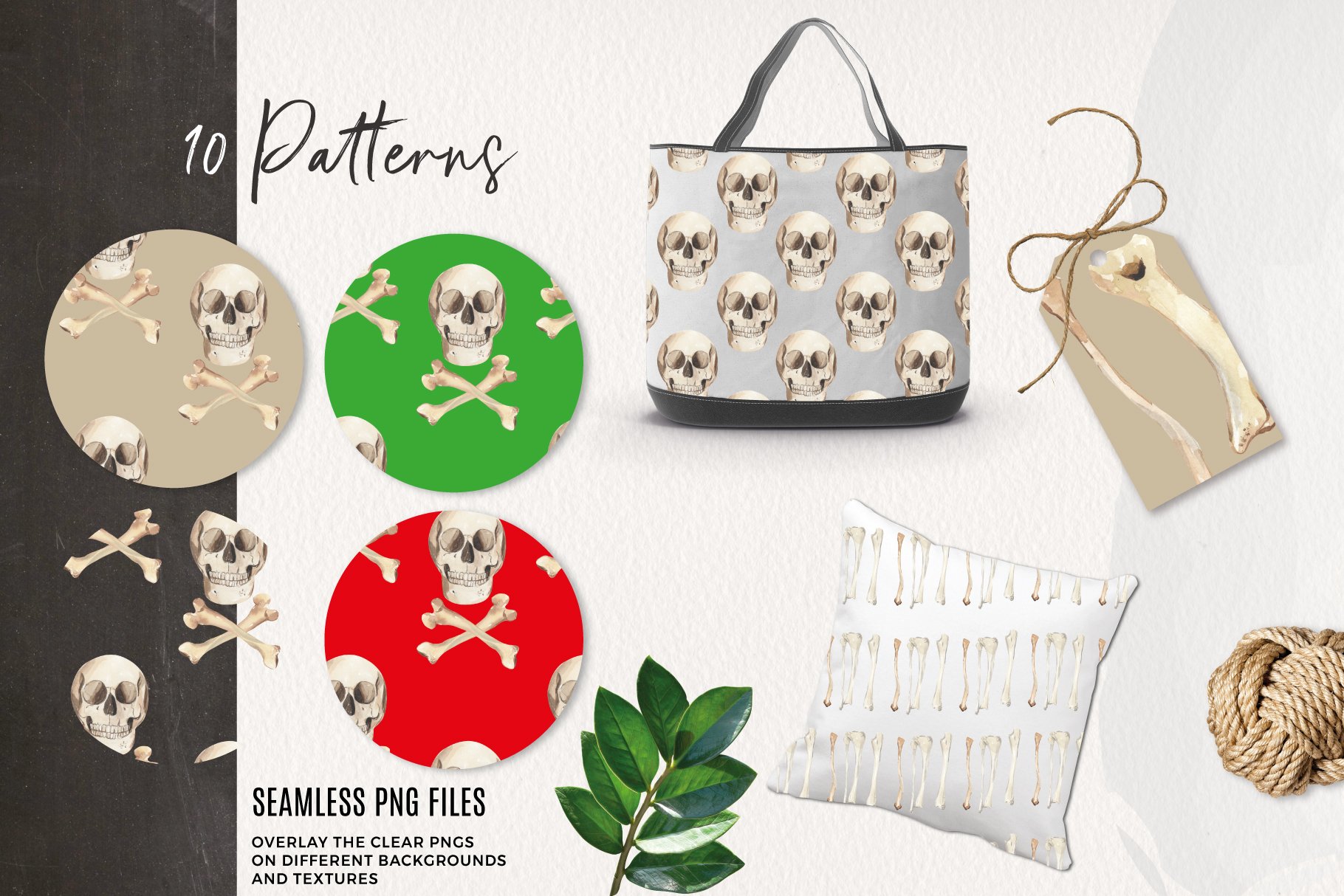 Bones Skulls Seamless Patterns Digital Paper Watercolor Body