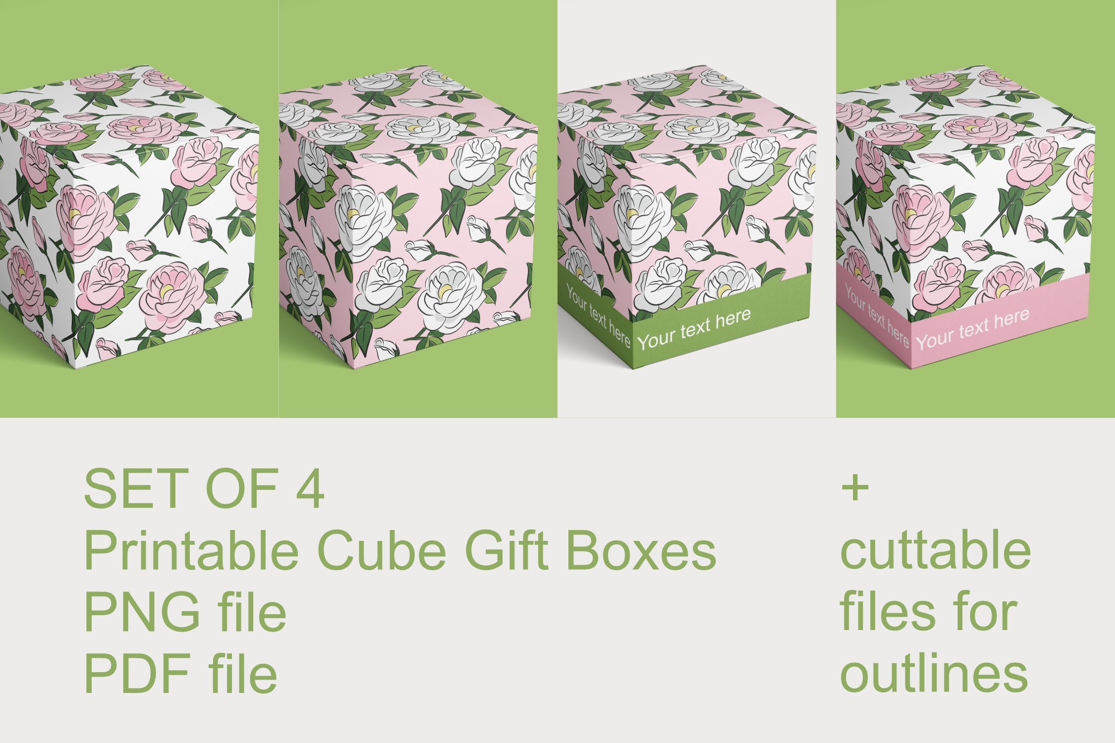 Printable Light Pink Roses Cube Gift Boxes Set of 4