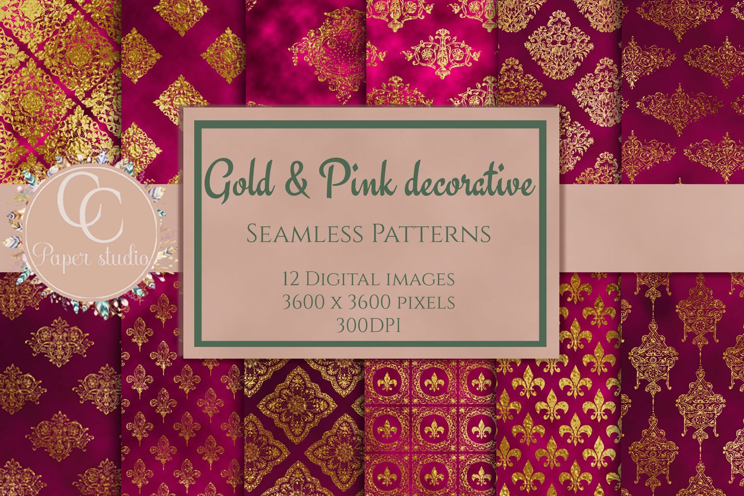Digital paper - Pink & Gold damask