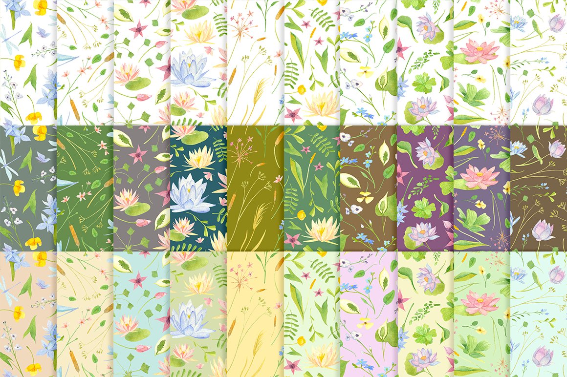Wetland floral watercolor patterns (30204) | Backgrounds | Design Bundles