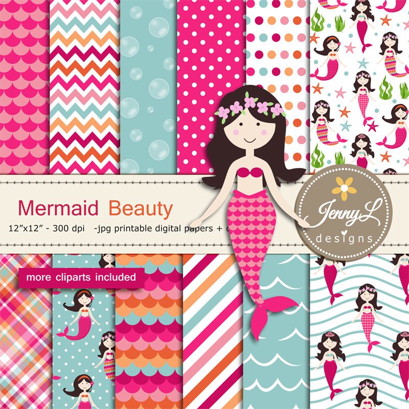 Mermaid digital papers and Mermaid clipart SET, Under the Sea, Seaweeds ...