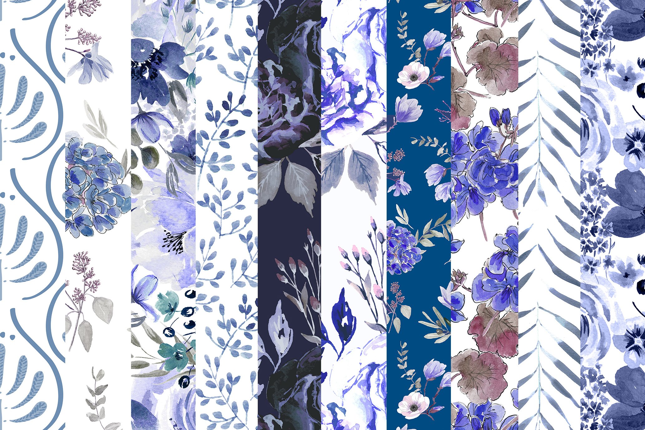 10 Blue Digital Floral Papers Set (552931) | Papers | Design Bundles
