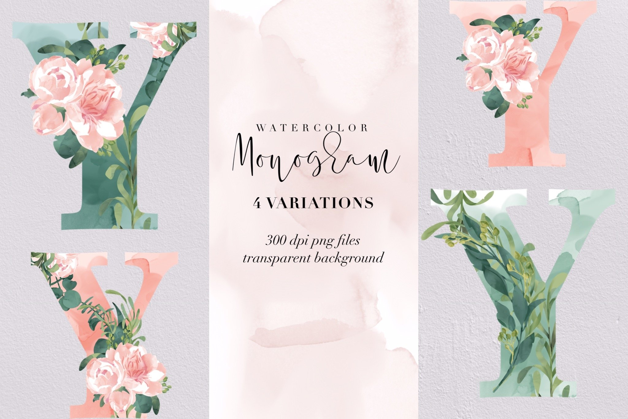Letter Y watercolor monogram, floral monogram PNG, botanical (583064 ...