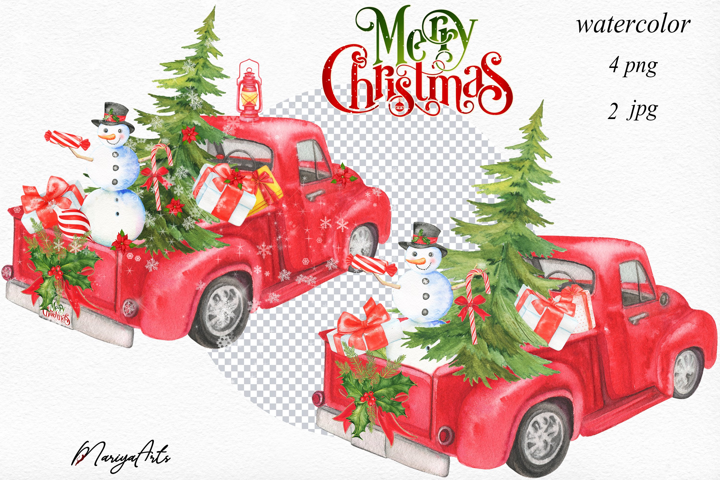Red Christmas Truck with Snowman & Gifts, Watercolor Clipart (883372 ...
