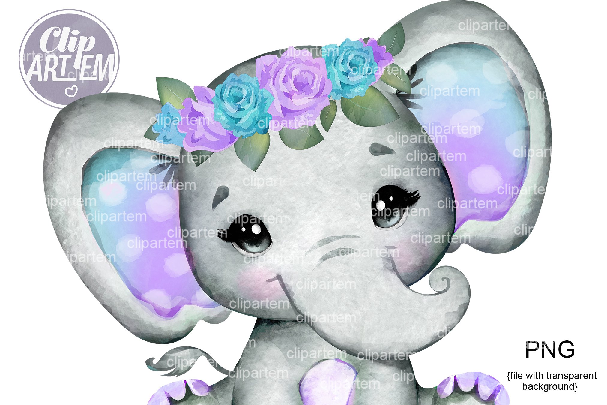 Purple Teal Girl Elephant Floral Crown, clip art watercolor (1339735 ...
