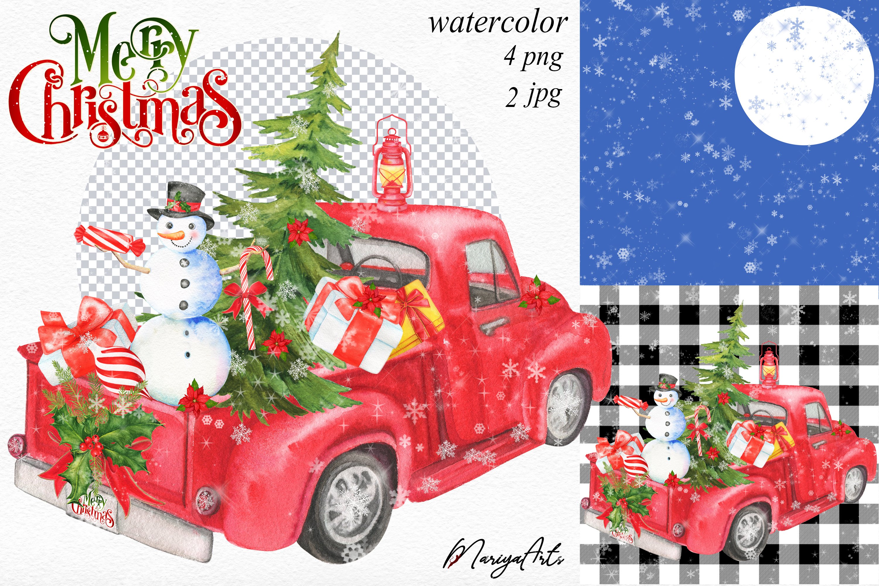 Red Christmas Truck with Snowman & Gifts, Watercolor Clipart (883372 ...