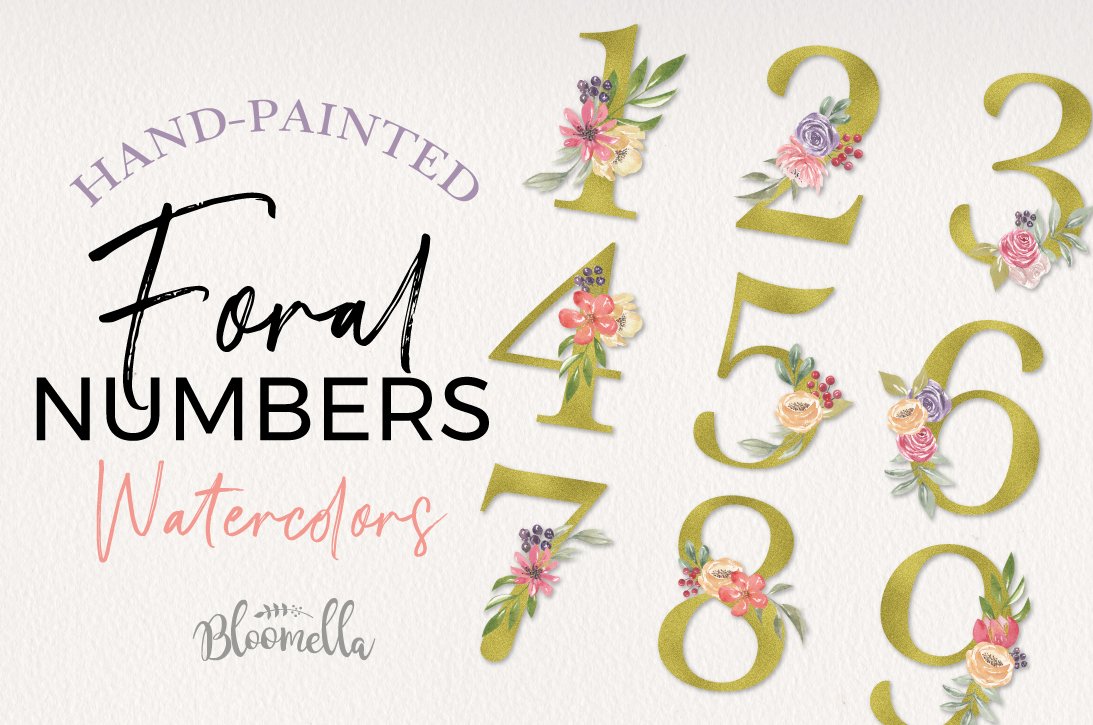 Watercolor Floral Numbers Elements Flowers Zero - Ten Gold