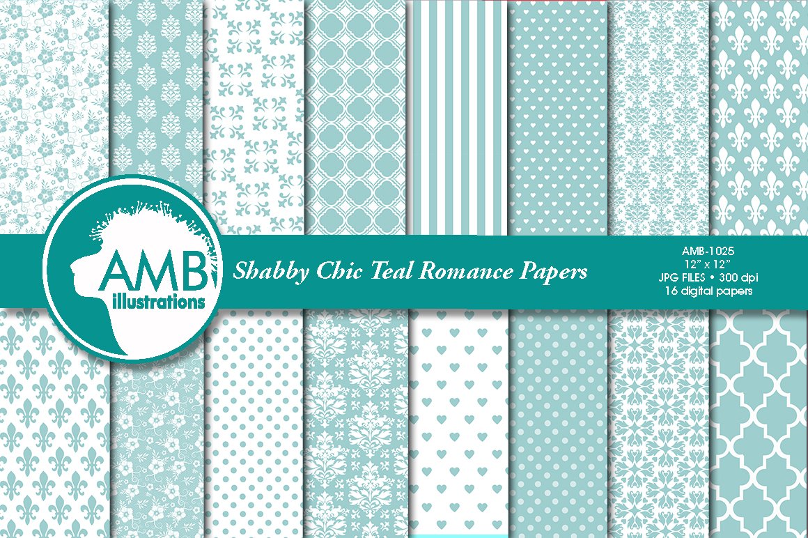 Shabby Chic Teal lace papers AMB-1025 (565321) | Patterns | Design Bundles
