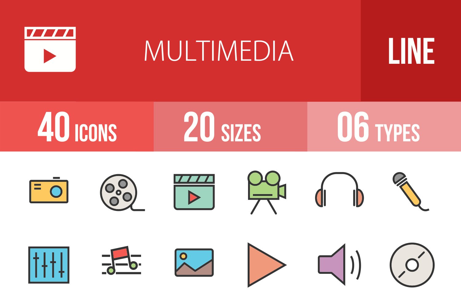 40 Multimedia Linear Multicolor Icons (44697) | Icons | Design Bundles