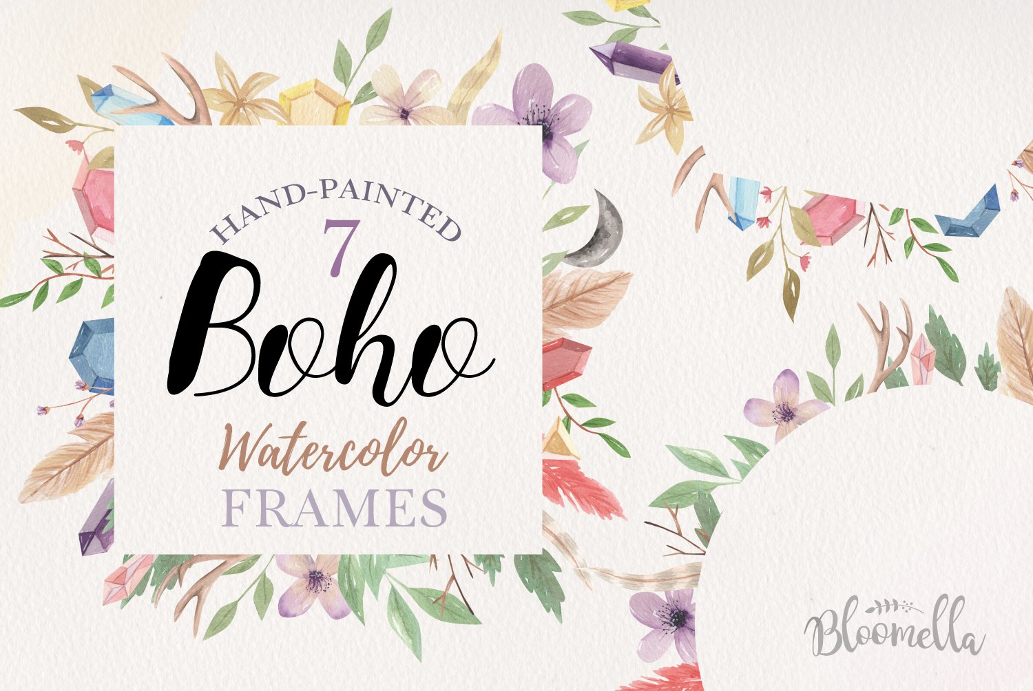 Boho Bohemian Florals 7 Frames Watercolor Antler Gems Leaves