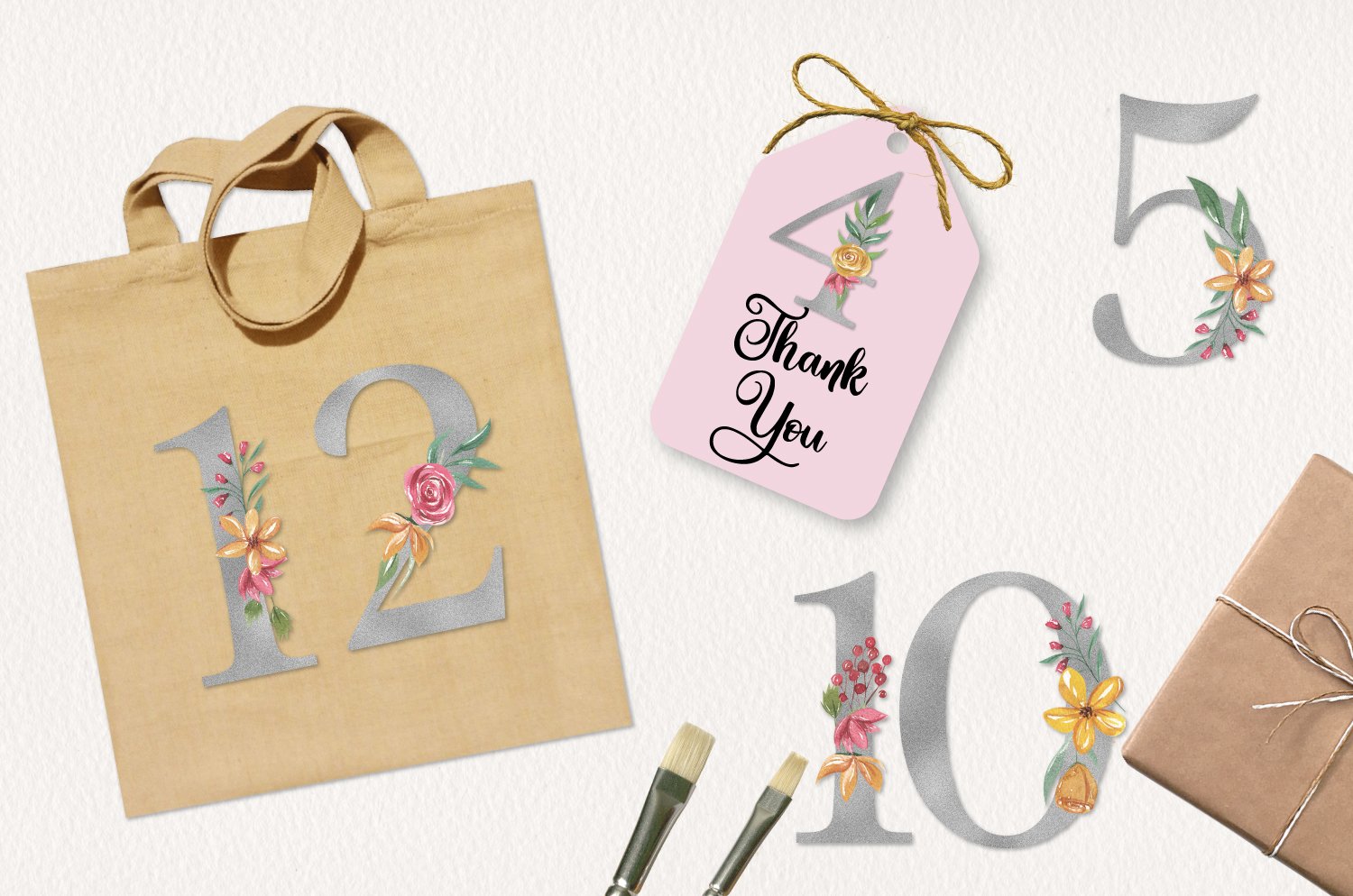Watercolor Floral Numbers Elements Flowers Zero - Ten Silver