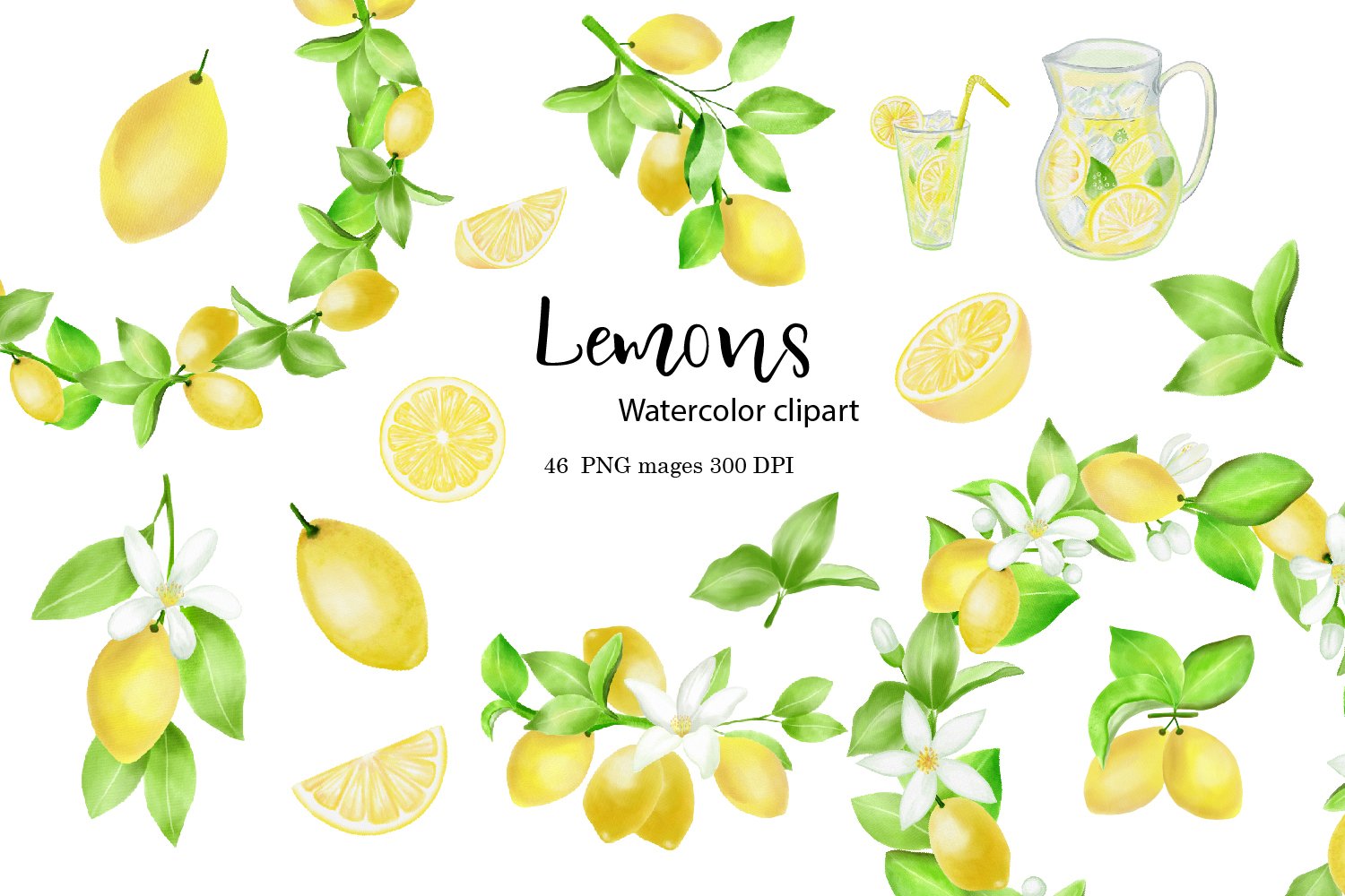 Watercolor lemon clipart, Lemon wreath and branches PNG (647083 ...