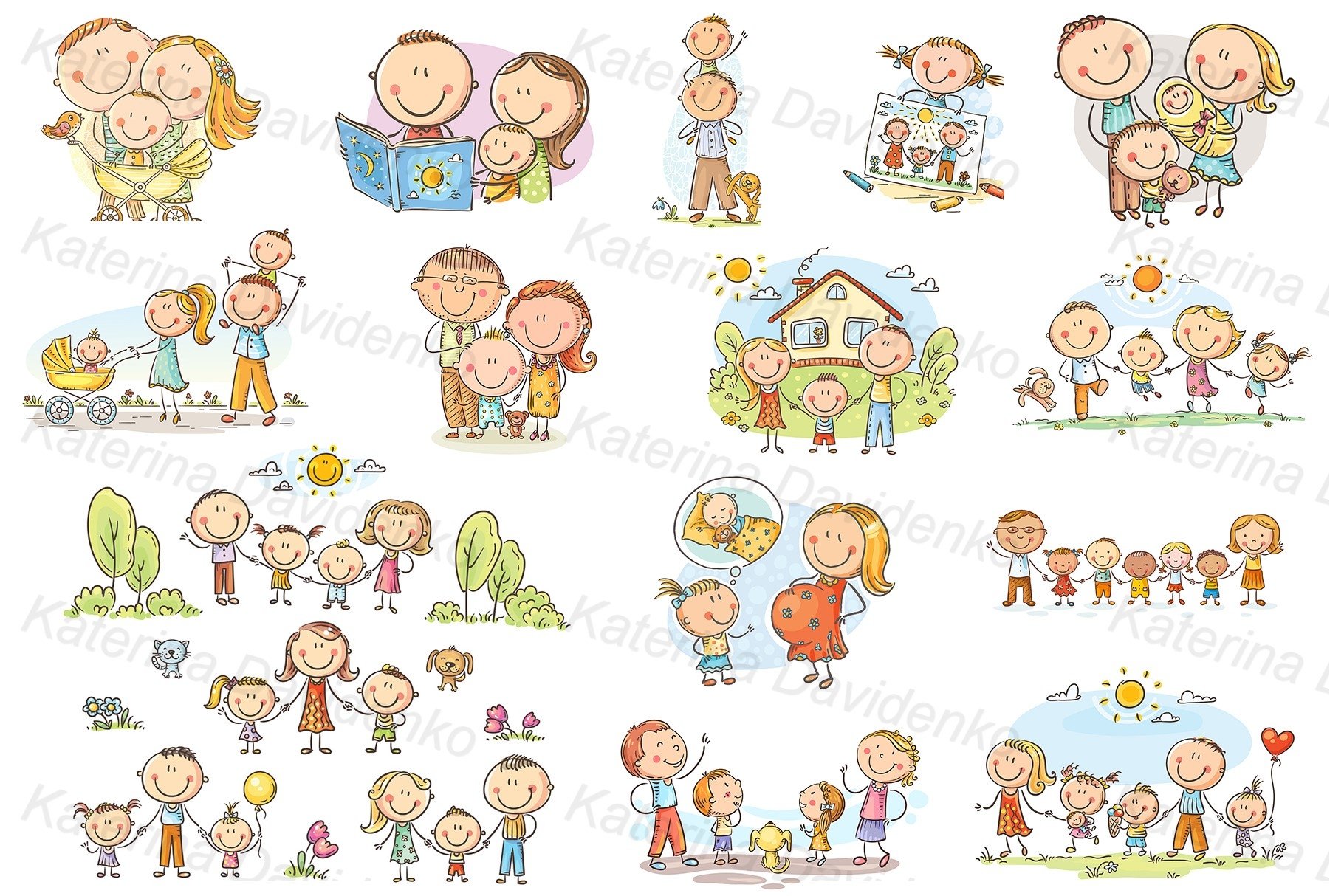 Happy doodle families bundle, clipart (154098) | Illustrations | Design ...