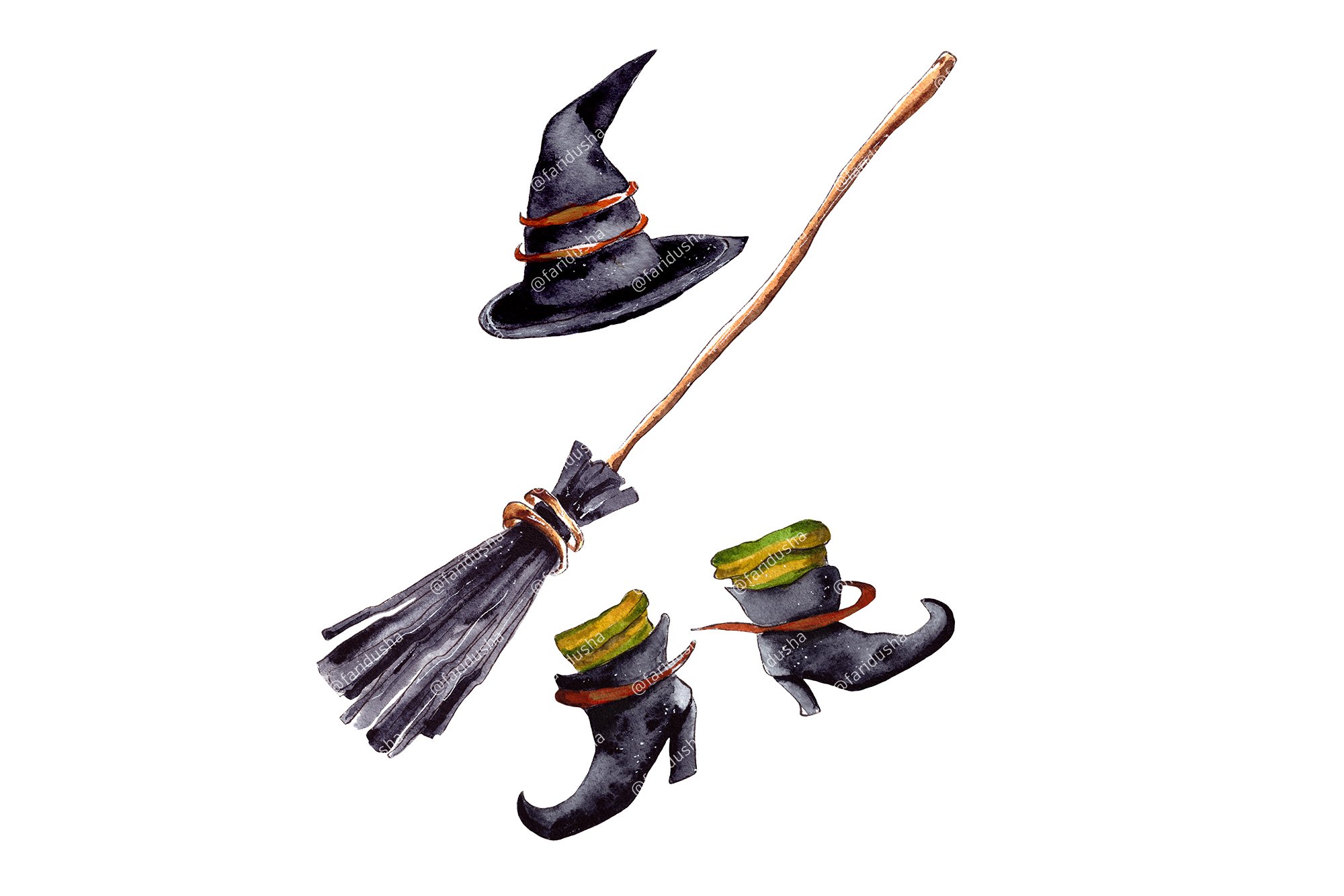 Halloween broom hat witch sticker design clothing watercolor (1003614 ...