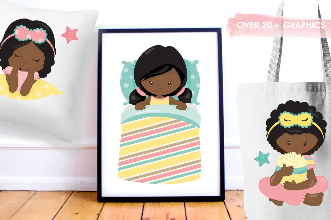 African American slumber party girls graphics - vectors