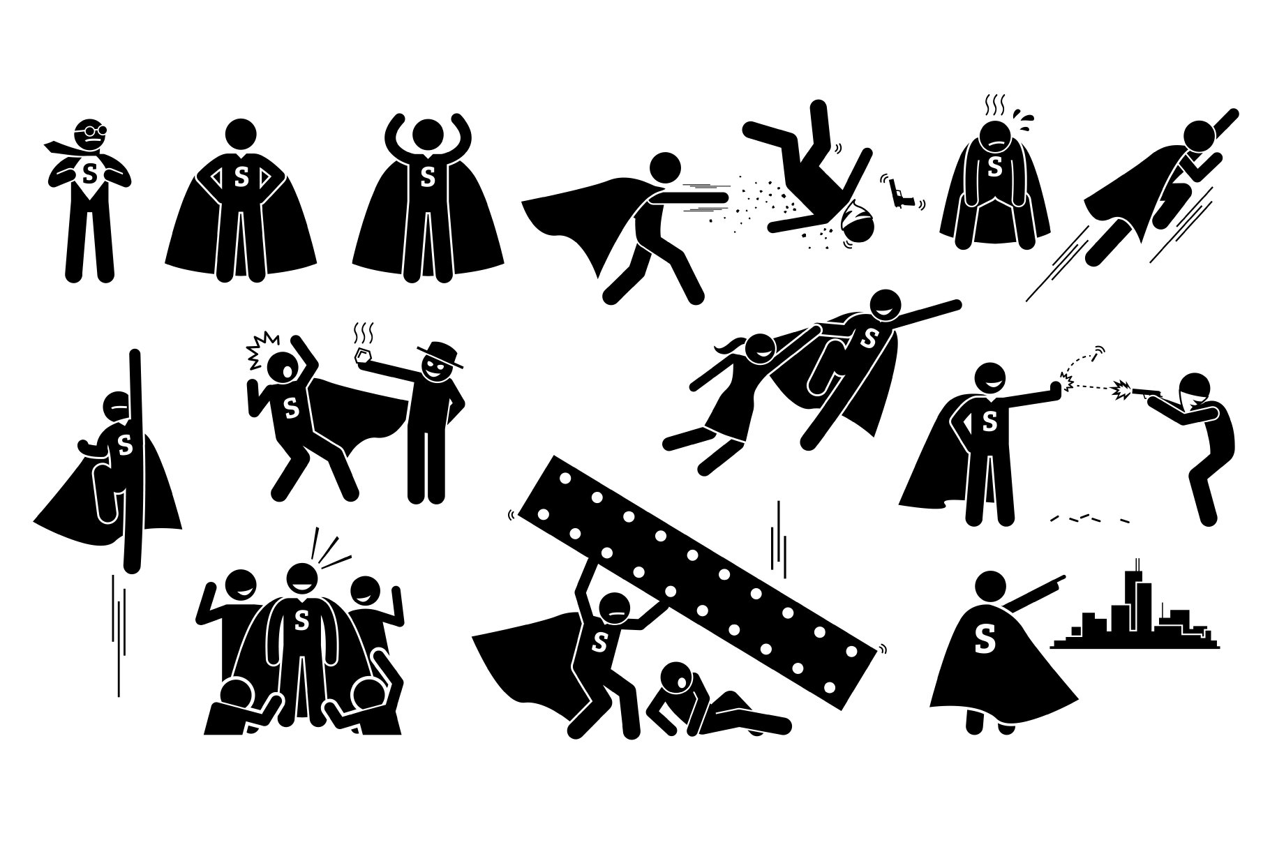 Stickman Superman Superhero Helper Rescue Stick Figure Icons