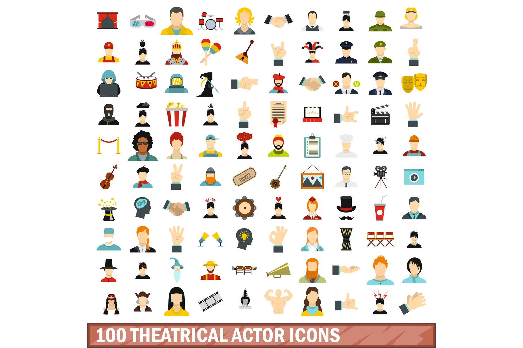 100 theatrical actor icons set, flat style (308122) | Icons | Design ...