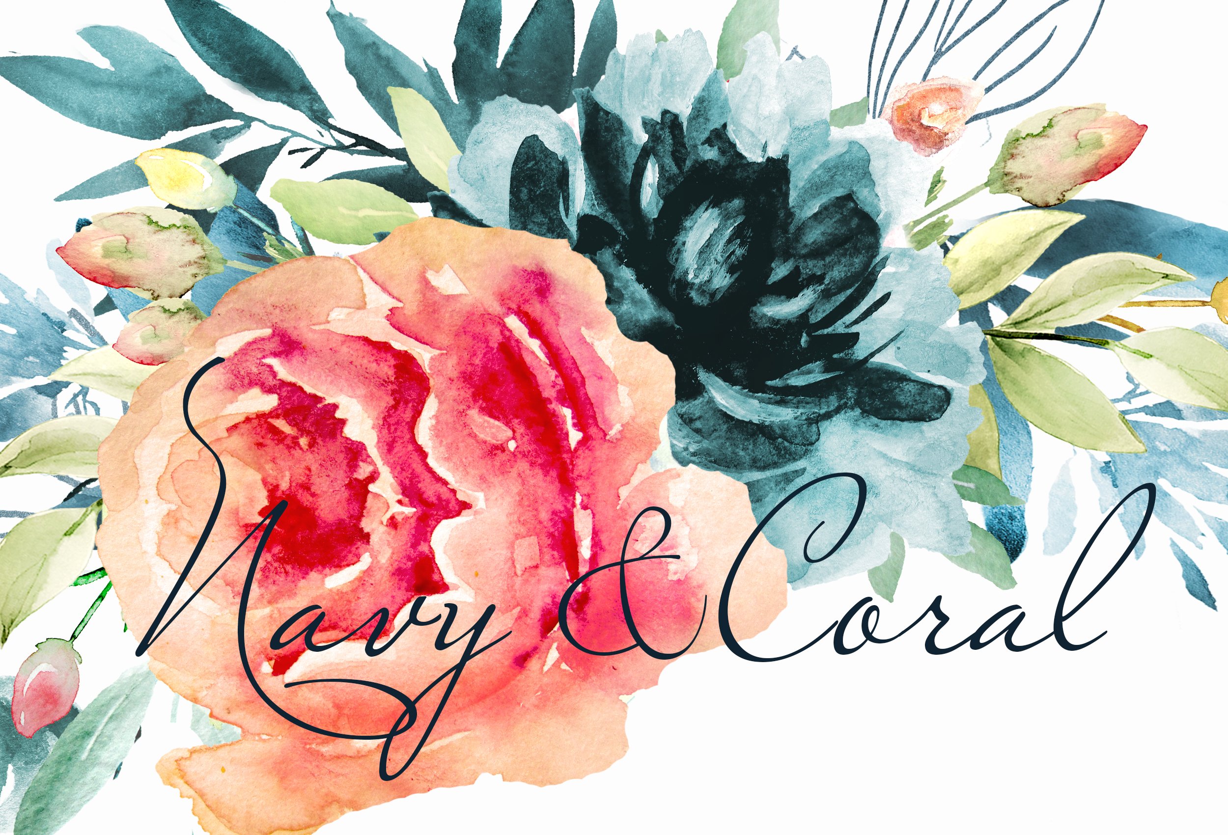 Wreath clipart Watercolor Coral Navy Flowers Frame invite (563709 ...