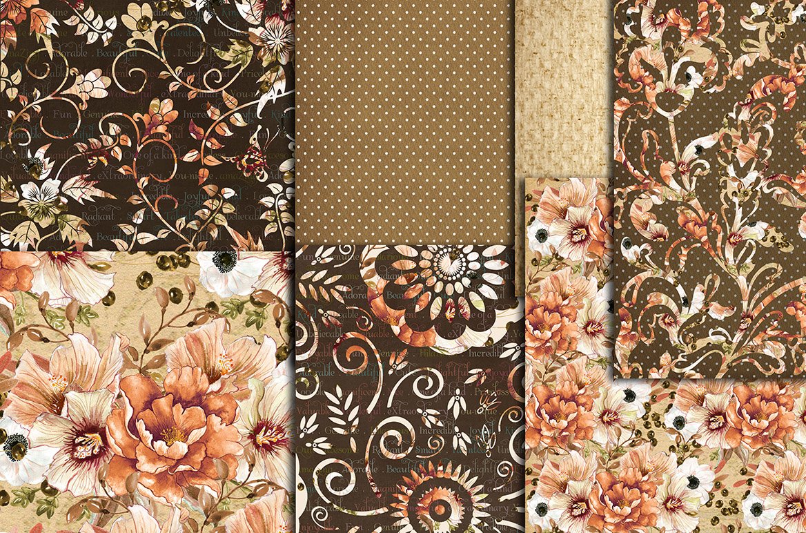 Brown floral digital paper pack (29137) | Illustrations | Design Bundles