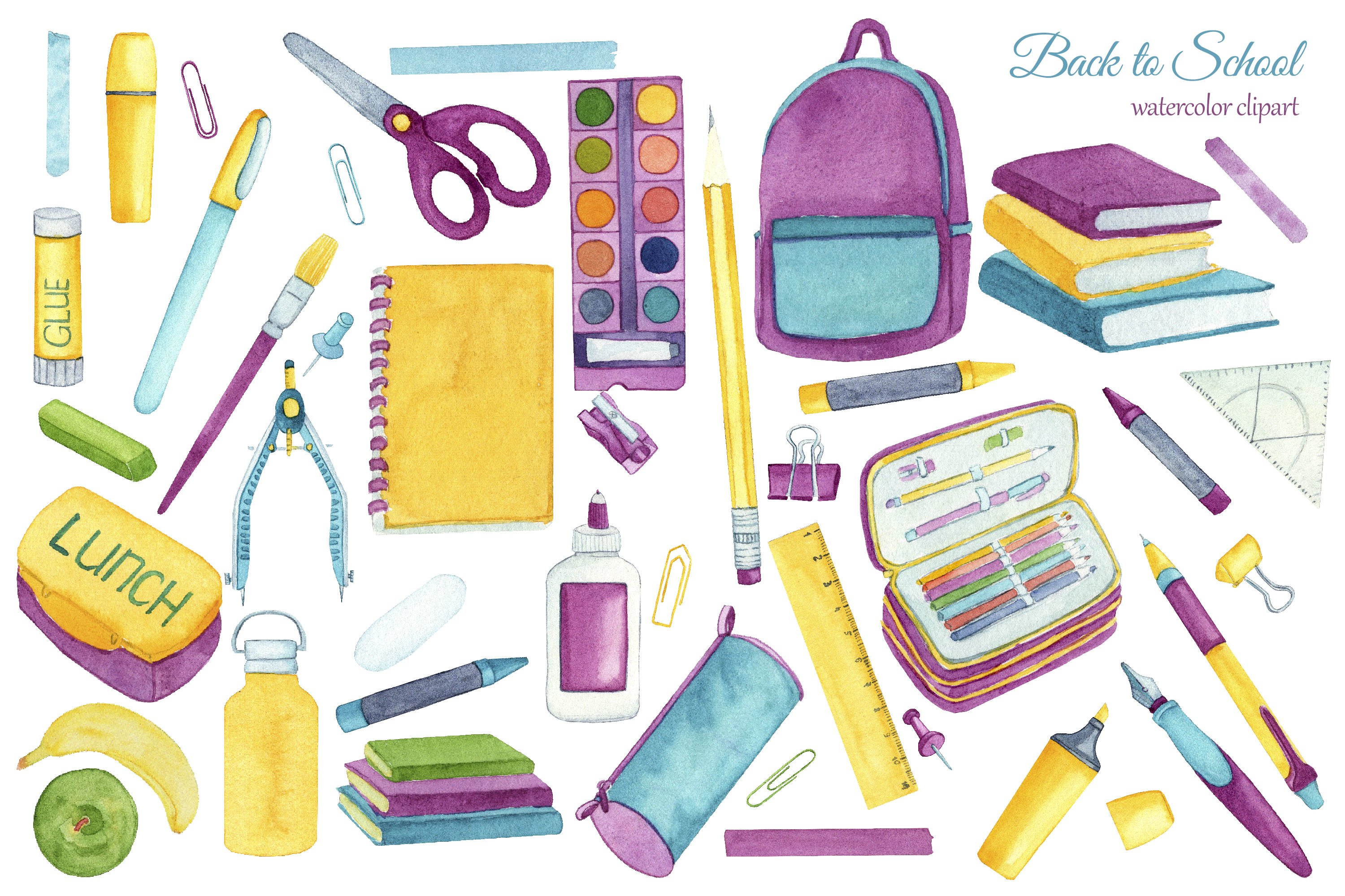 Back to School Clipart. Watercolor school supplies (814695 ...