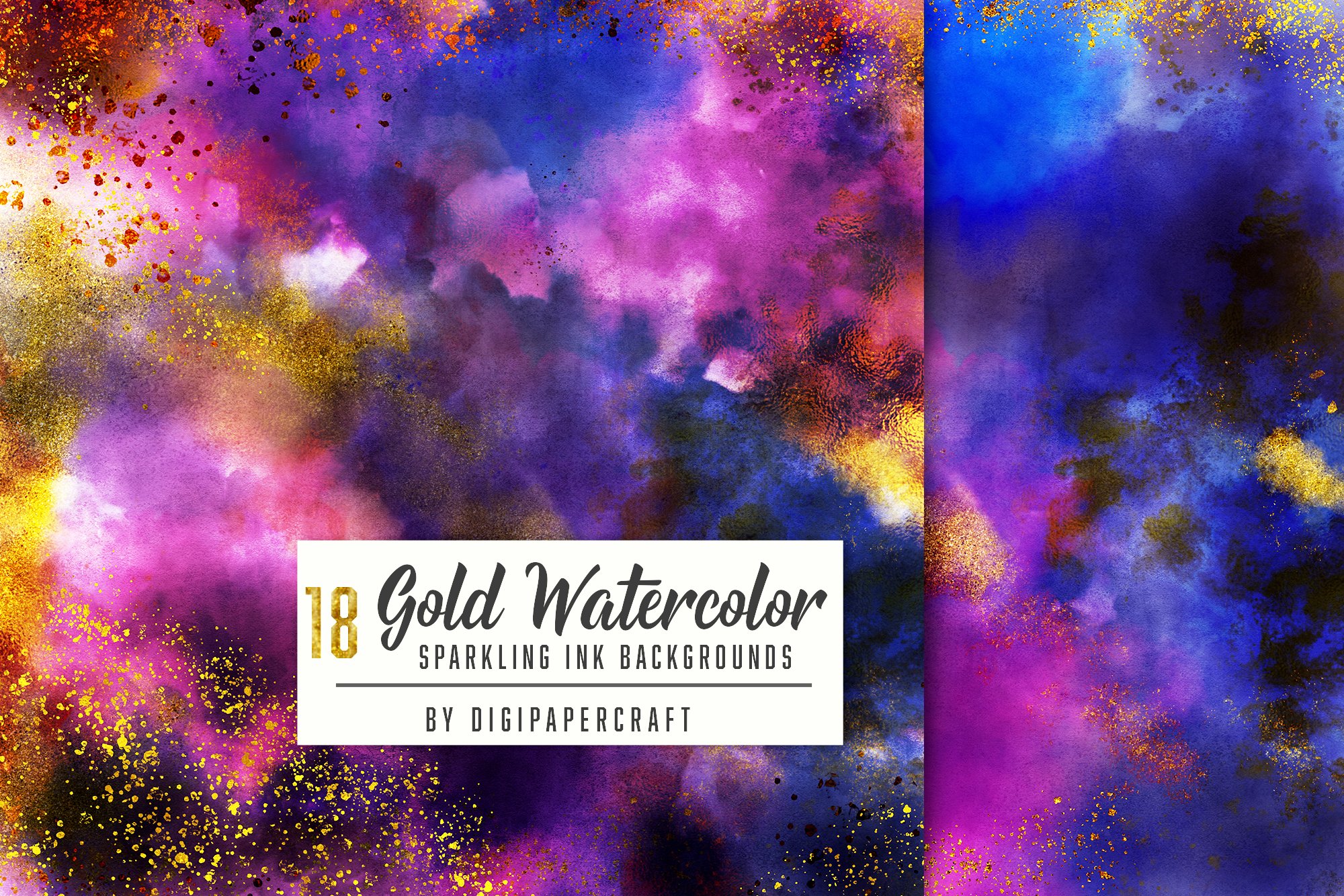 Watercolor Digital Paper, pink and blue background, Gold Ink (891651 ...