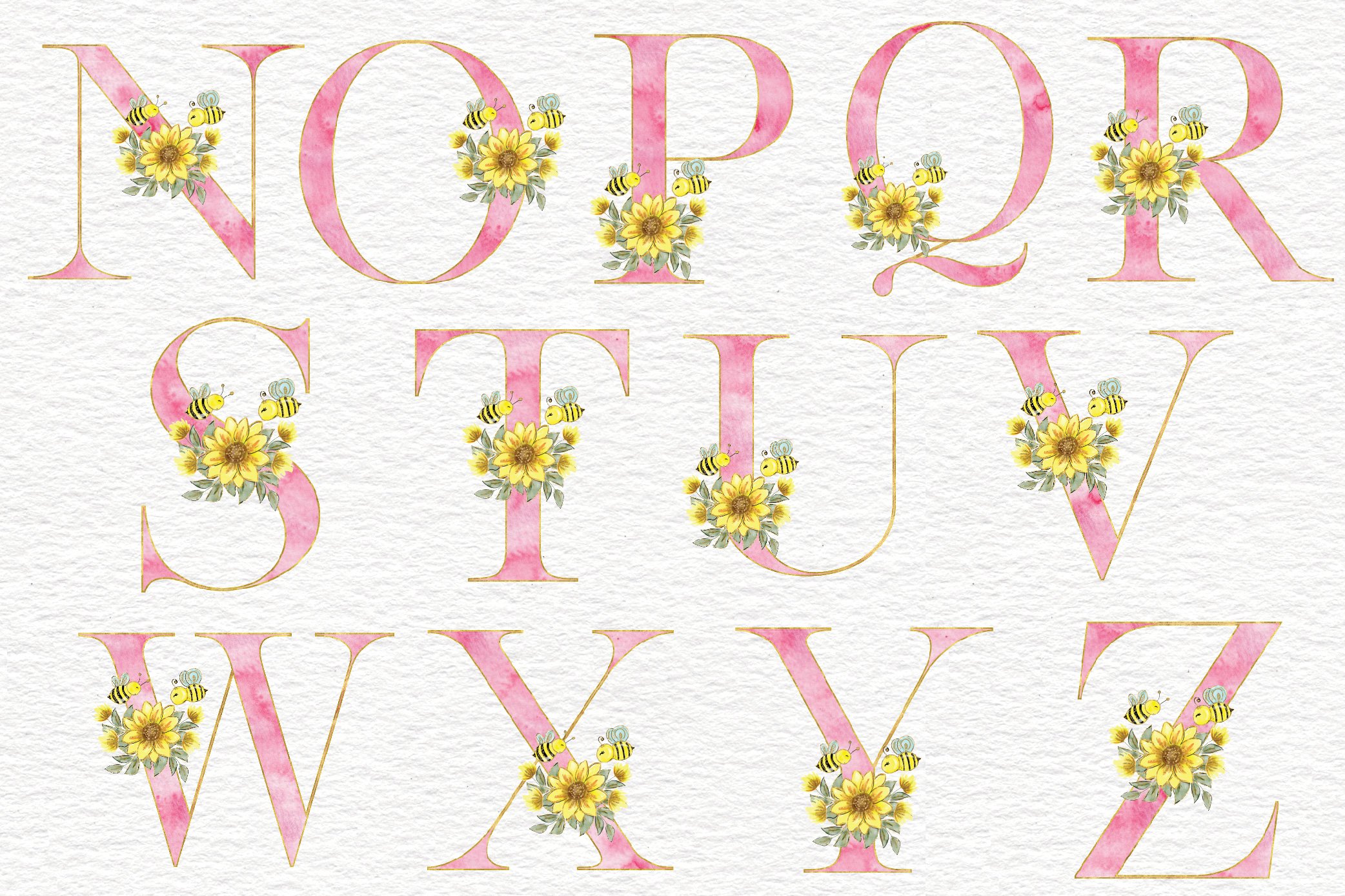 Pink Watercolor Sunflower Alphabet Set, Alphabet Clipart (446493 ...