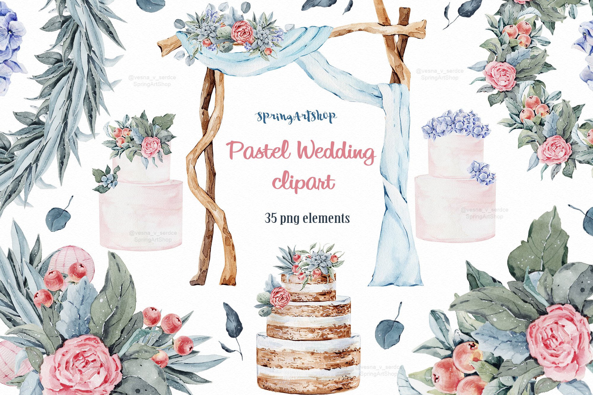 Pastel Wedding Flower Clip Art Pink Wedding Flowers Clipart Set Of