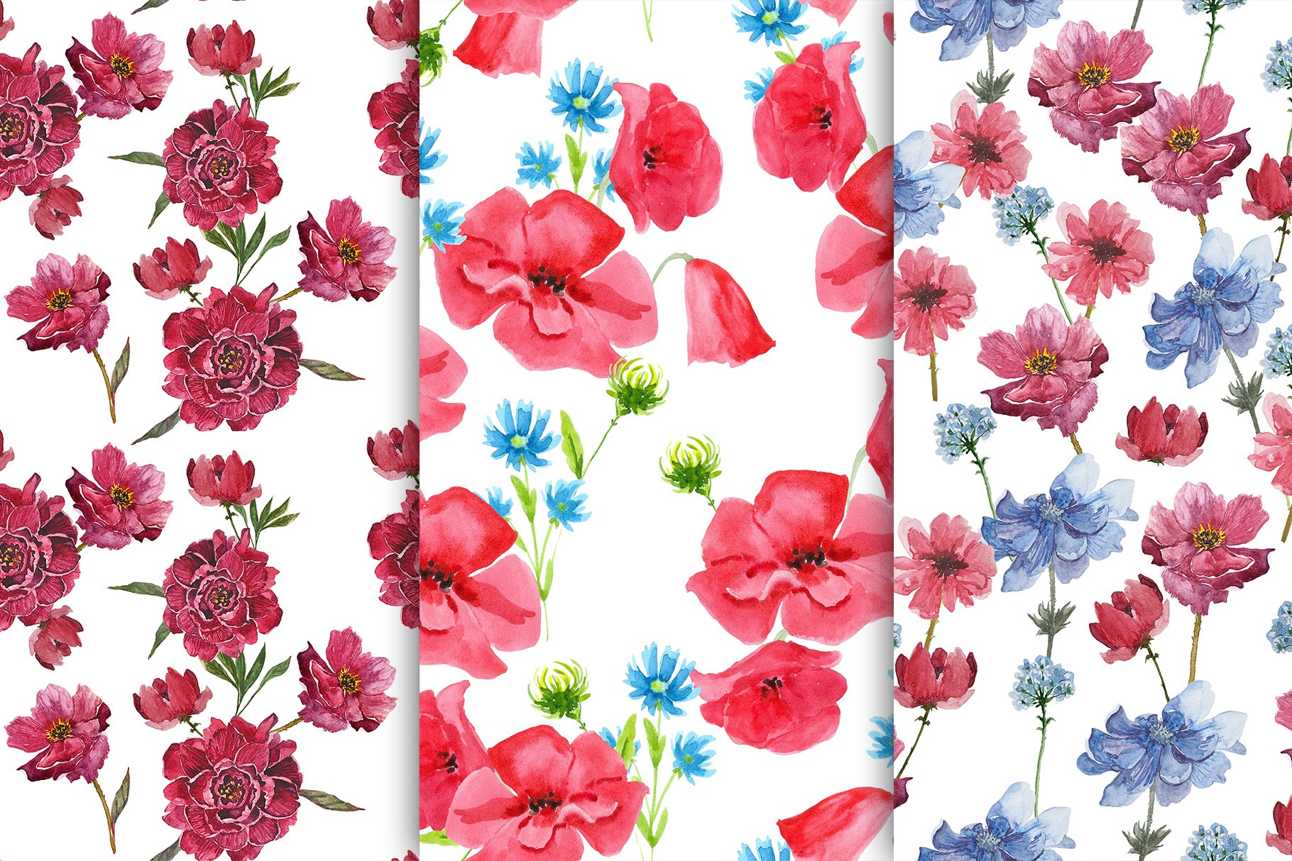 3 floral watercolor patterns (1033413) | Patterns | Design Bundles