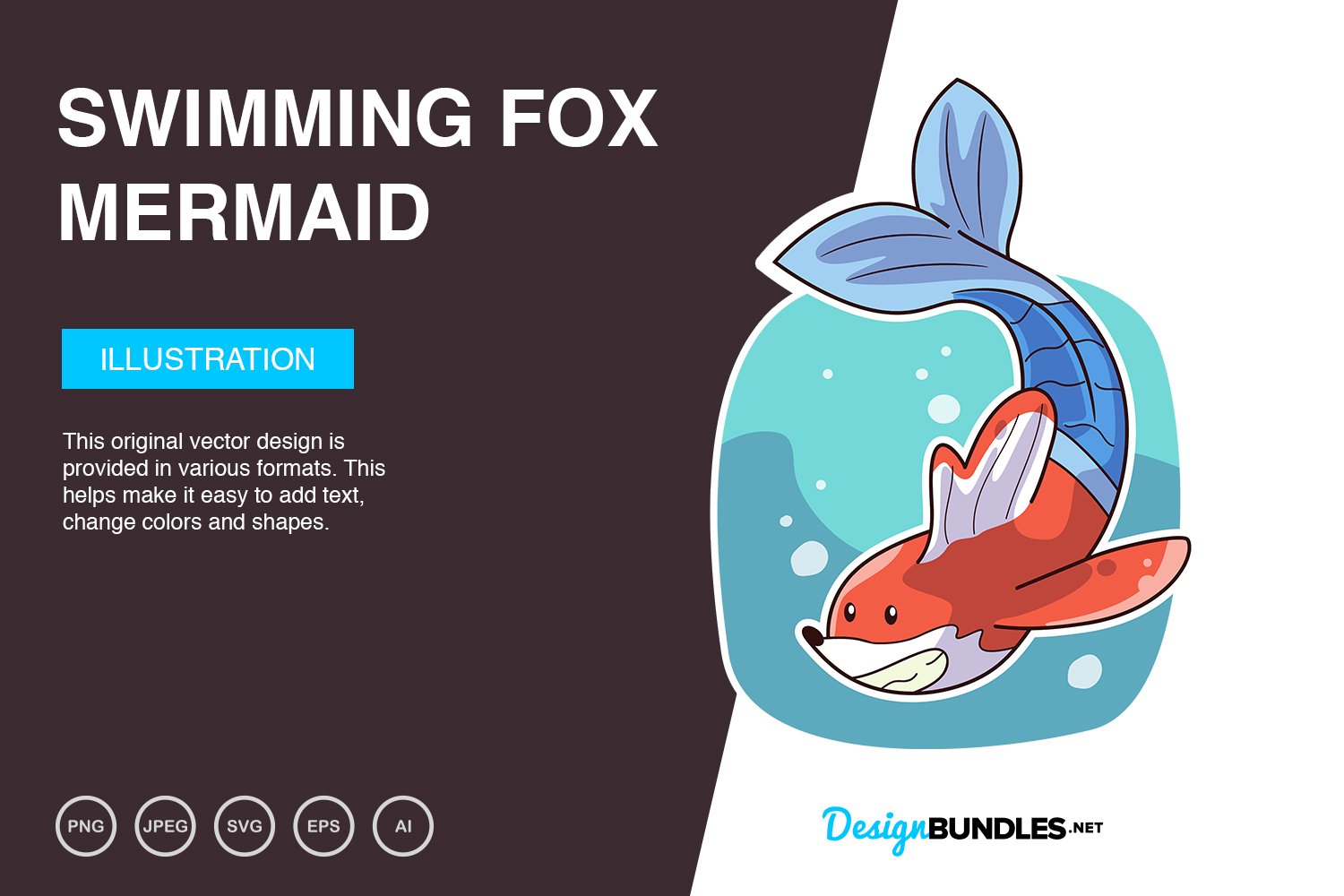 Swimming Fox Mermaid Vector Illustration