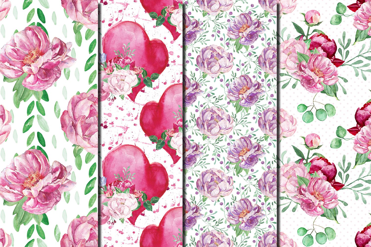 Watercolor Pink Peonies seamless digital paper pack (48148 ...