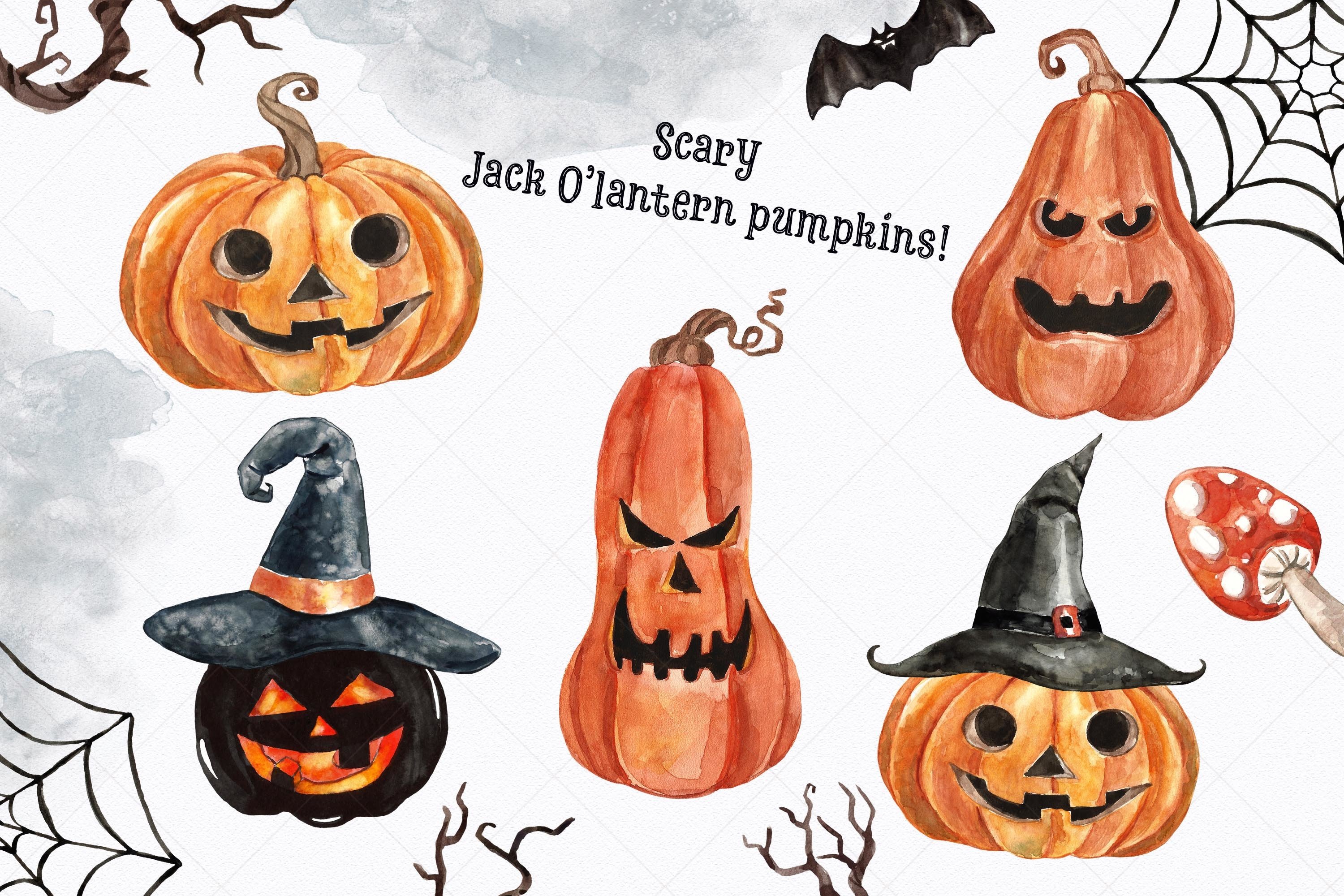 Watercolor Halloween Spooky Creepy Clipart (376843) | Illustrations ...