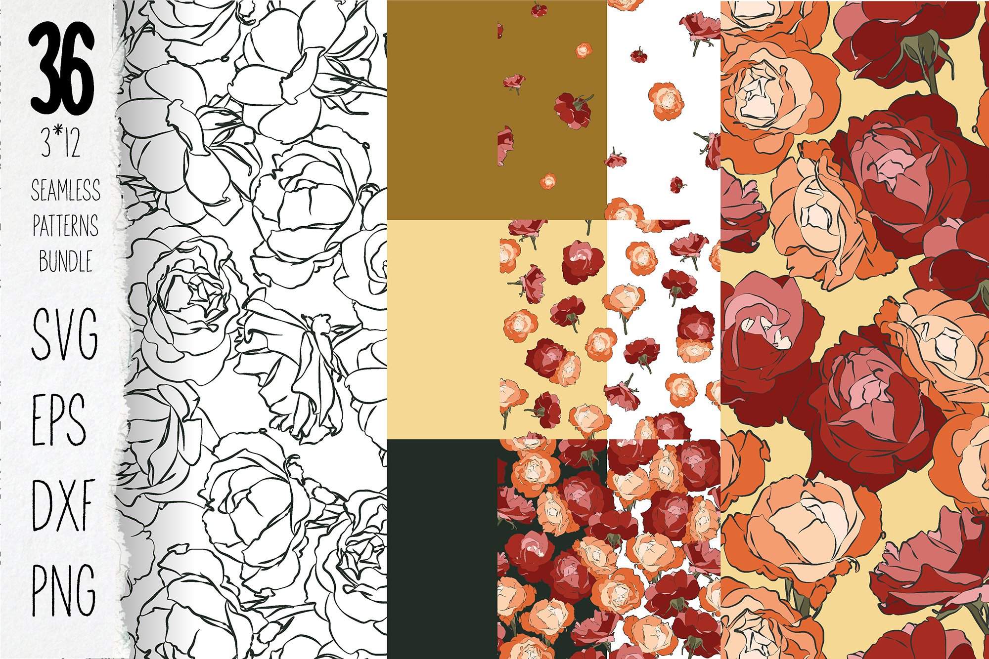 Seamless patterns svg bundle Roses colored and outline