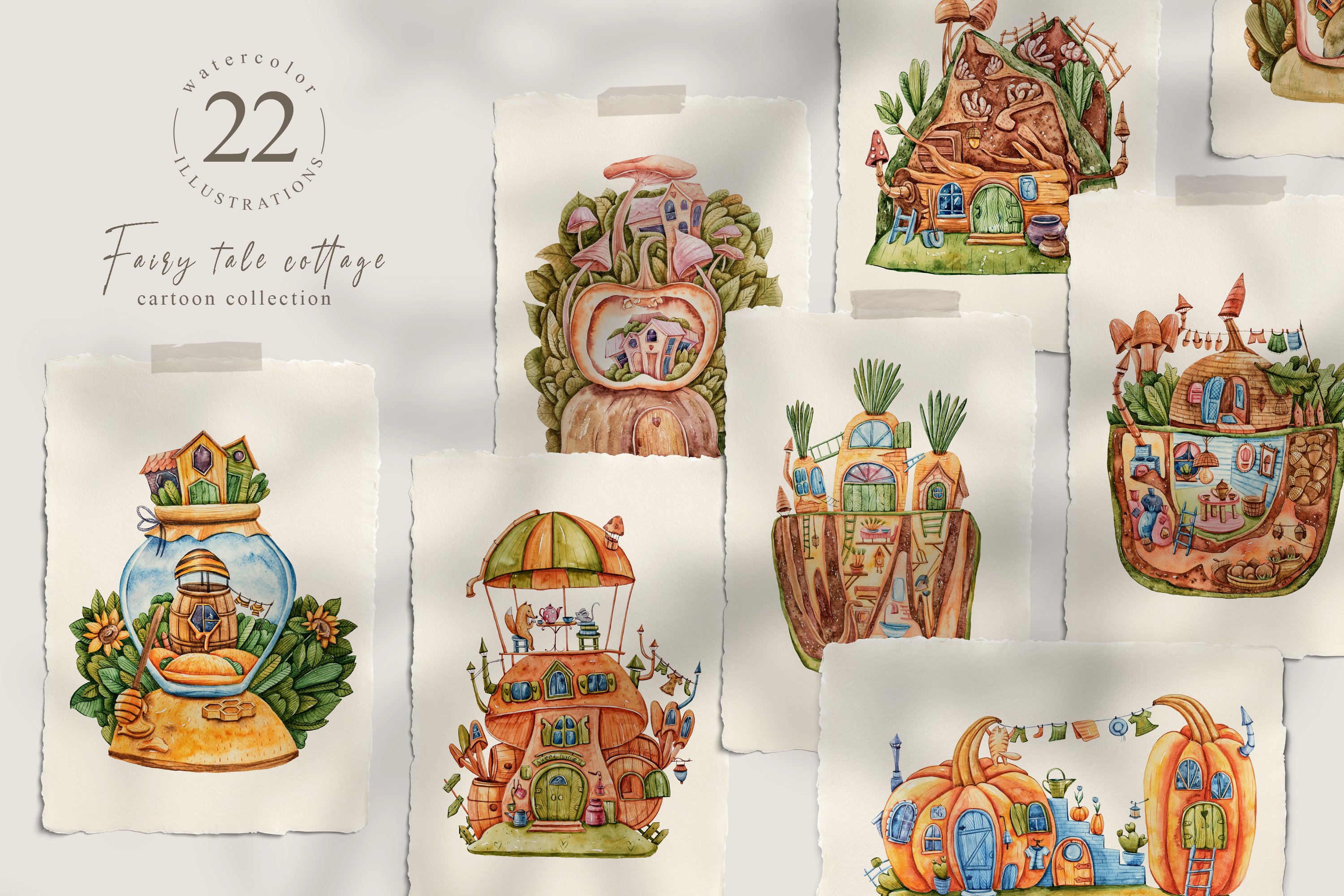 Watercolor fairy houses clipart. Big bundle