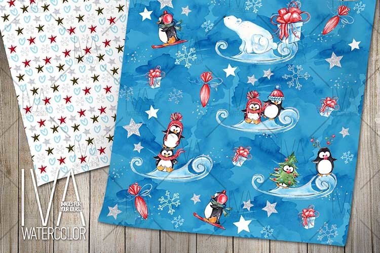 Winter Joy Christmas digital paper, Seamless Penguin paper (369934 ...