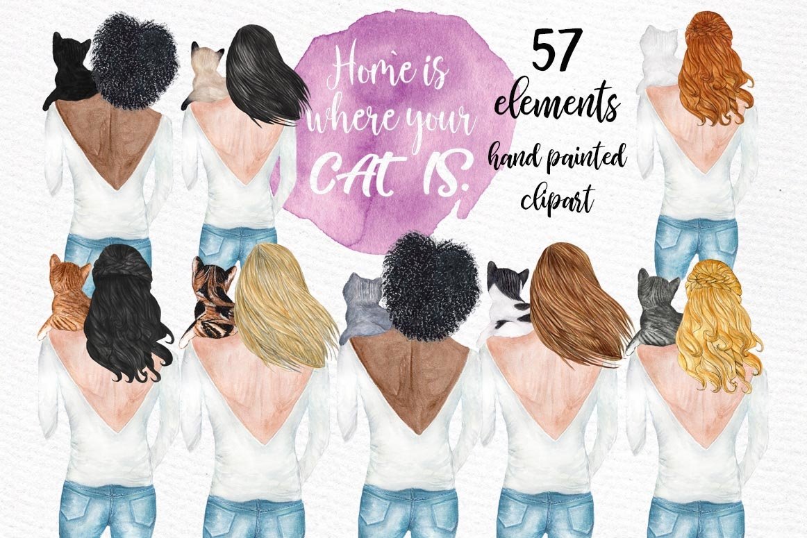 Girls and Cats Clipart Cat Lover (244393) | Illustrations | Design Bundles