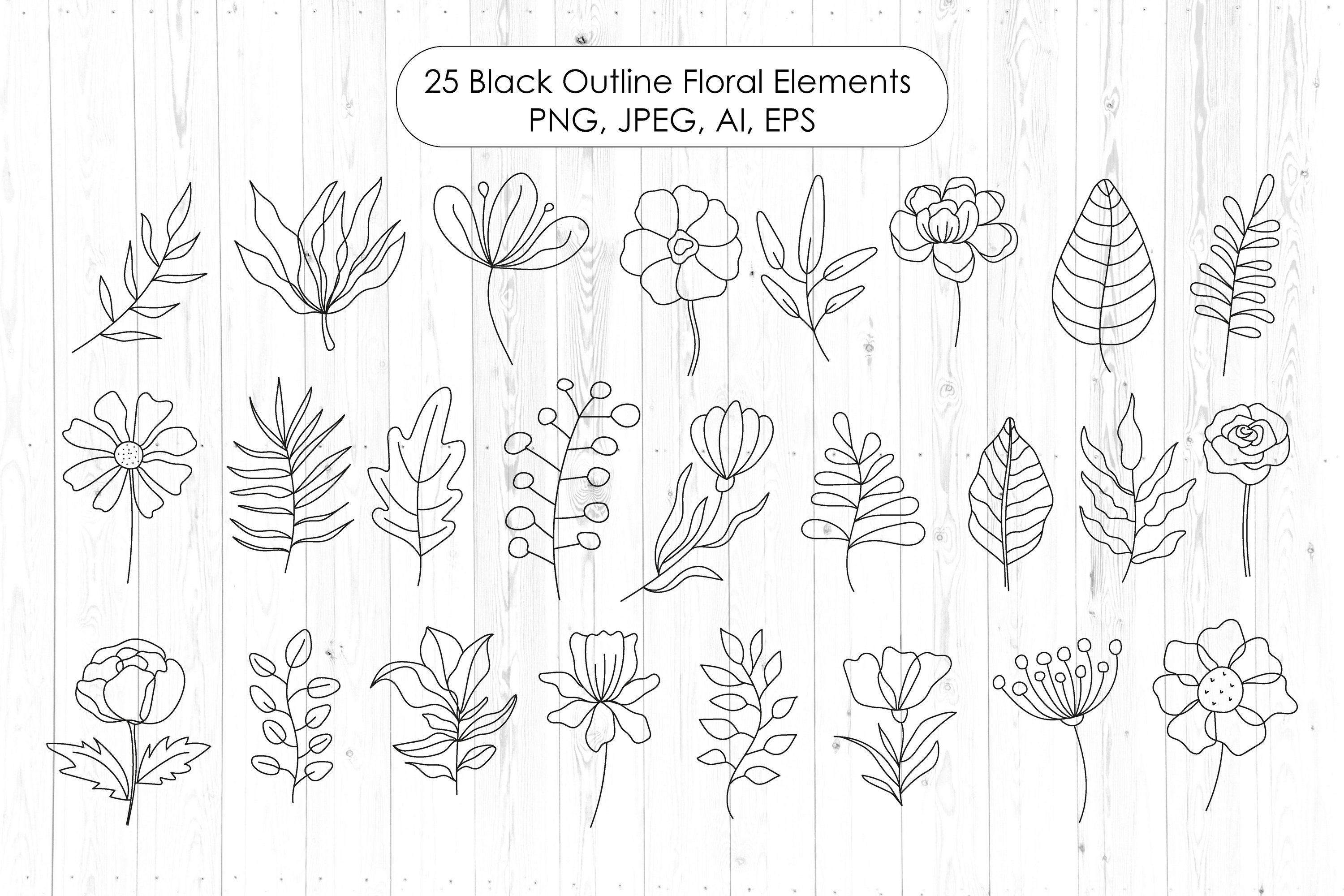 Modern Black Outline Floral Clipart - Botanical Line Art (701445 ...