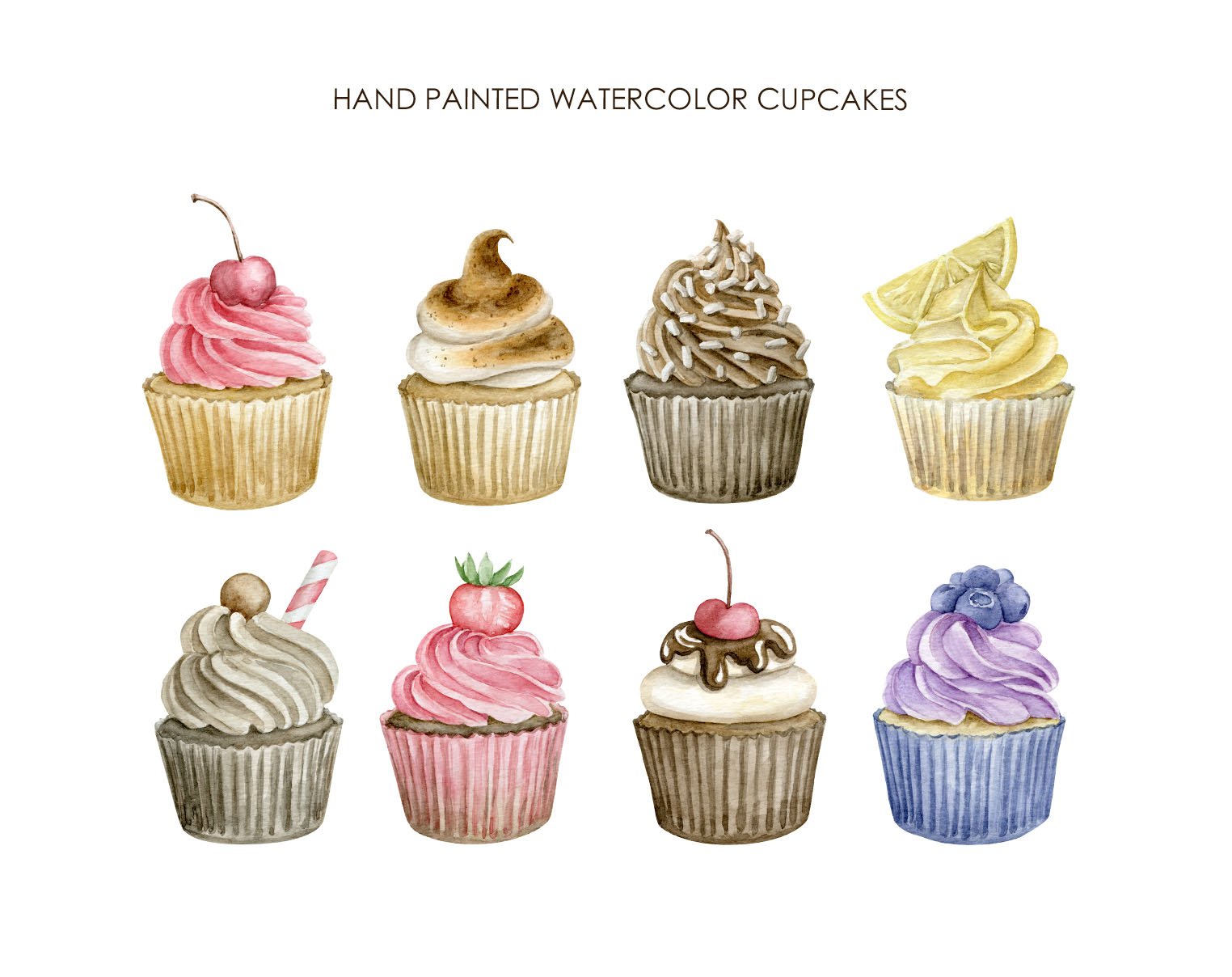 Watercolor sweet cupcakes clipart. Birthday cupcakes set. (1143036 ...