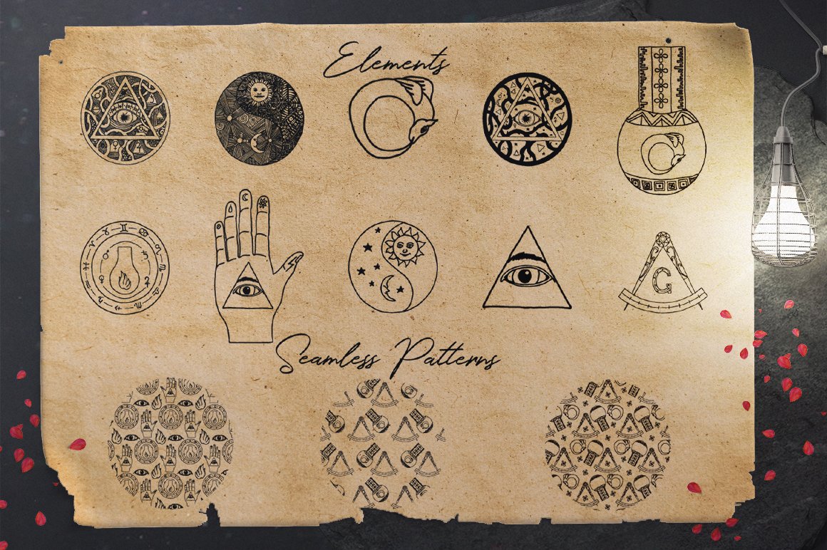 Alchemy objects and seamless pattern
