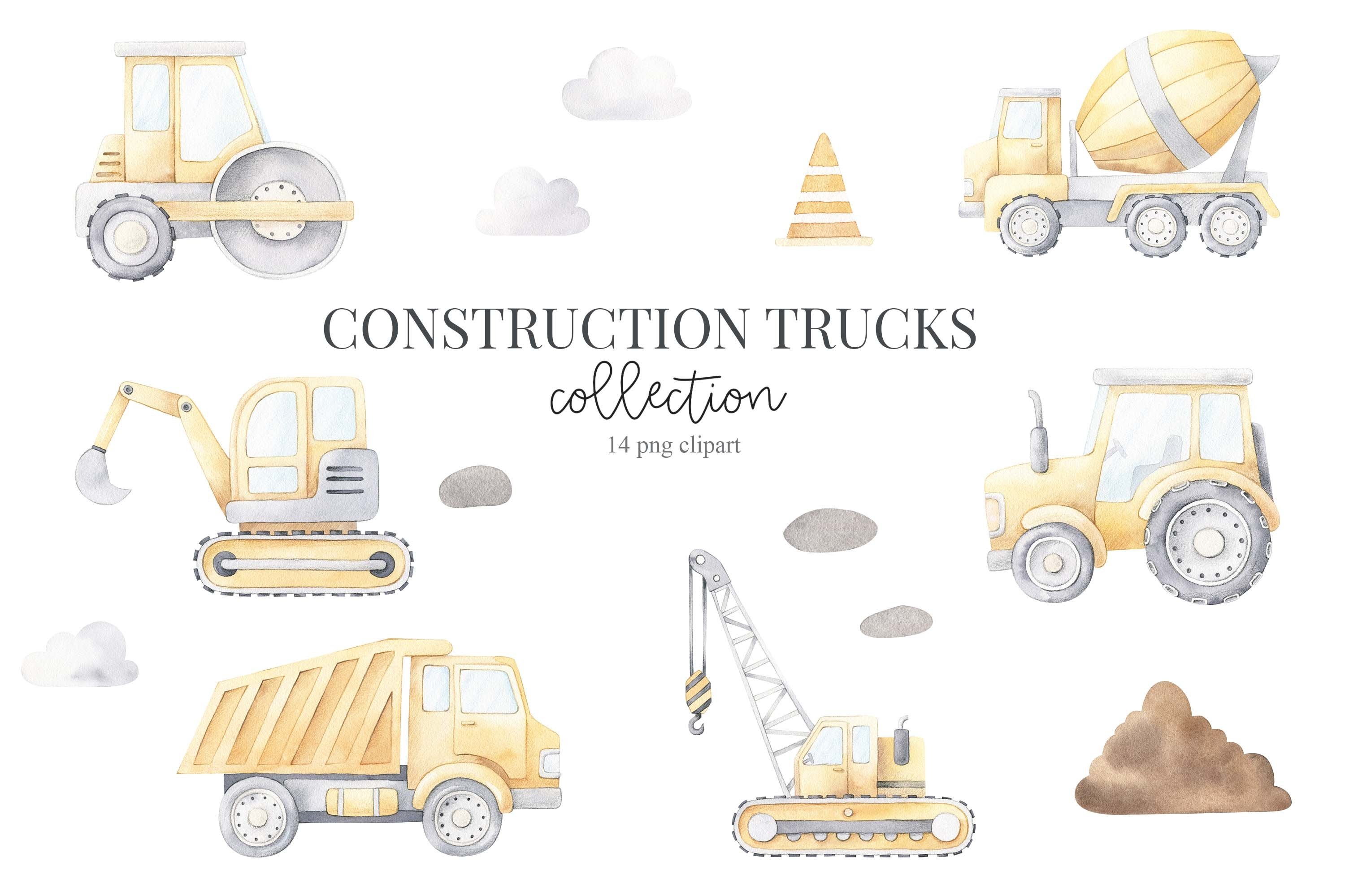 Watercolor Construction Trucks (560234) | Illustrations | Design Bundles