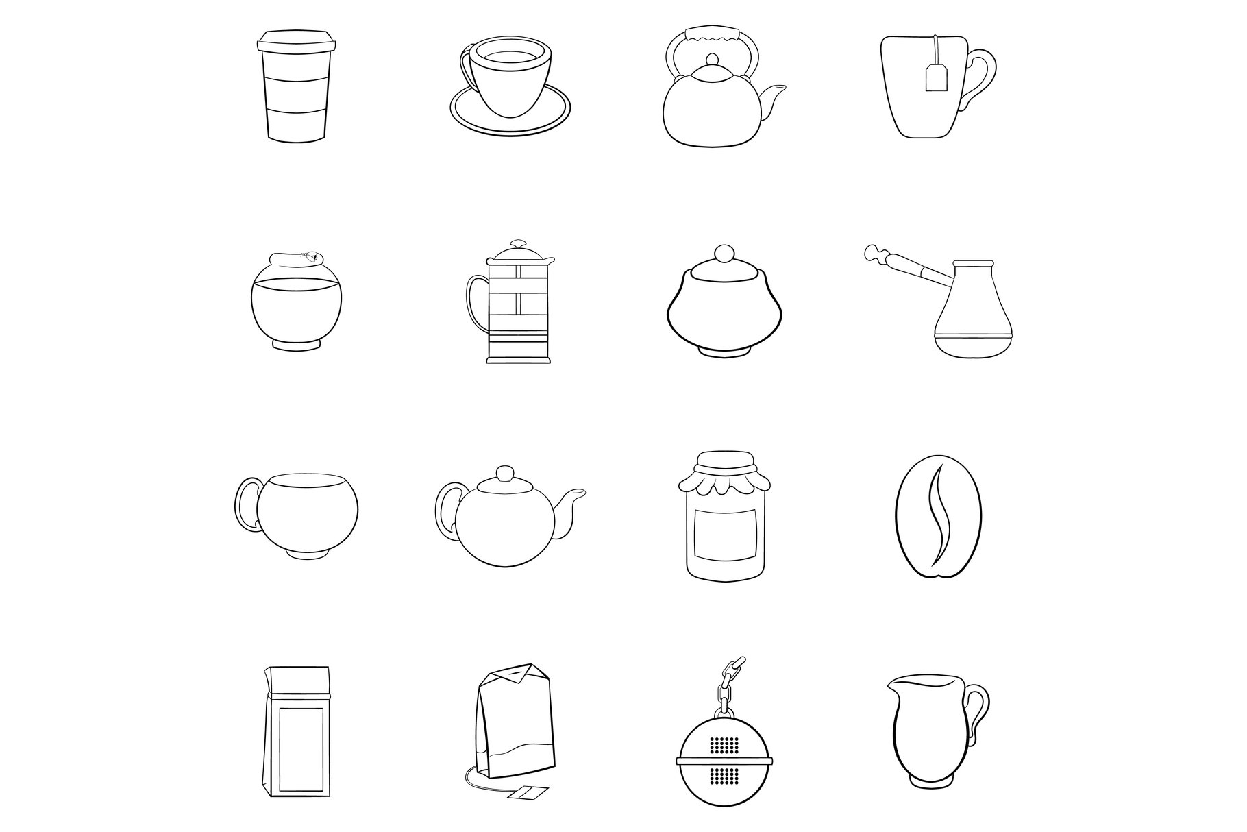Tea and coffee set vector outline (1783132) | Icons | Design Bundles
