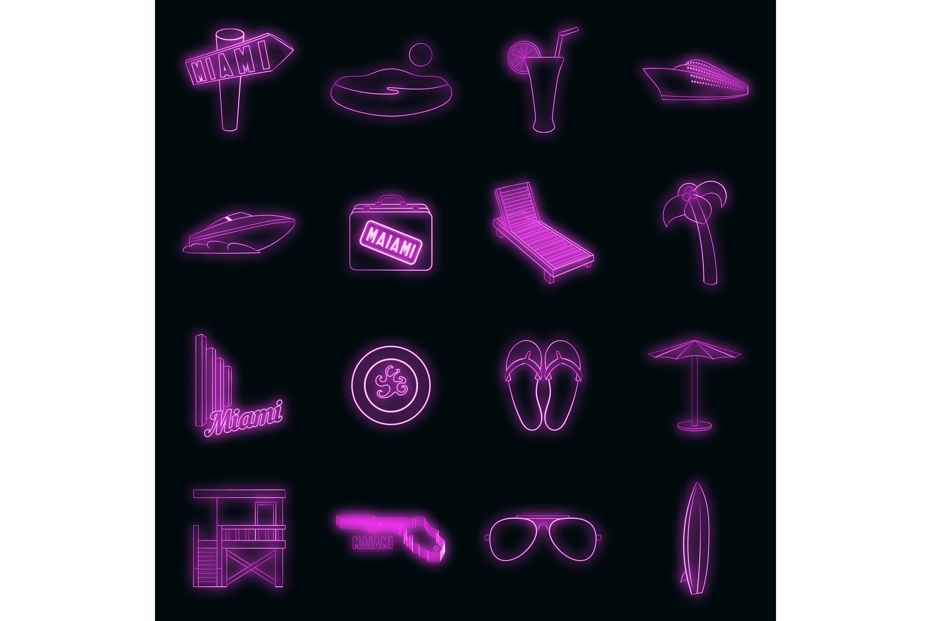 Miami icons set vector neon (1784128) | Icons | Design Bundles