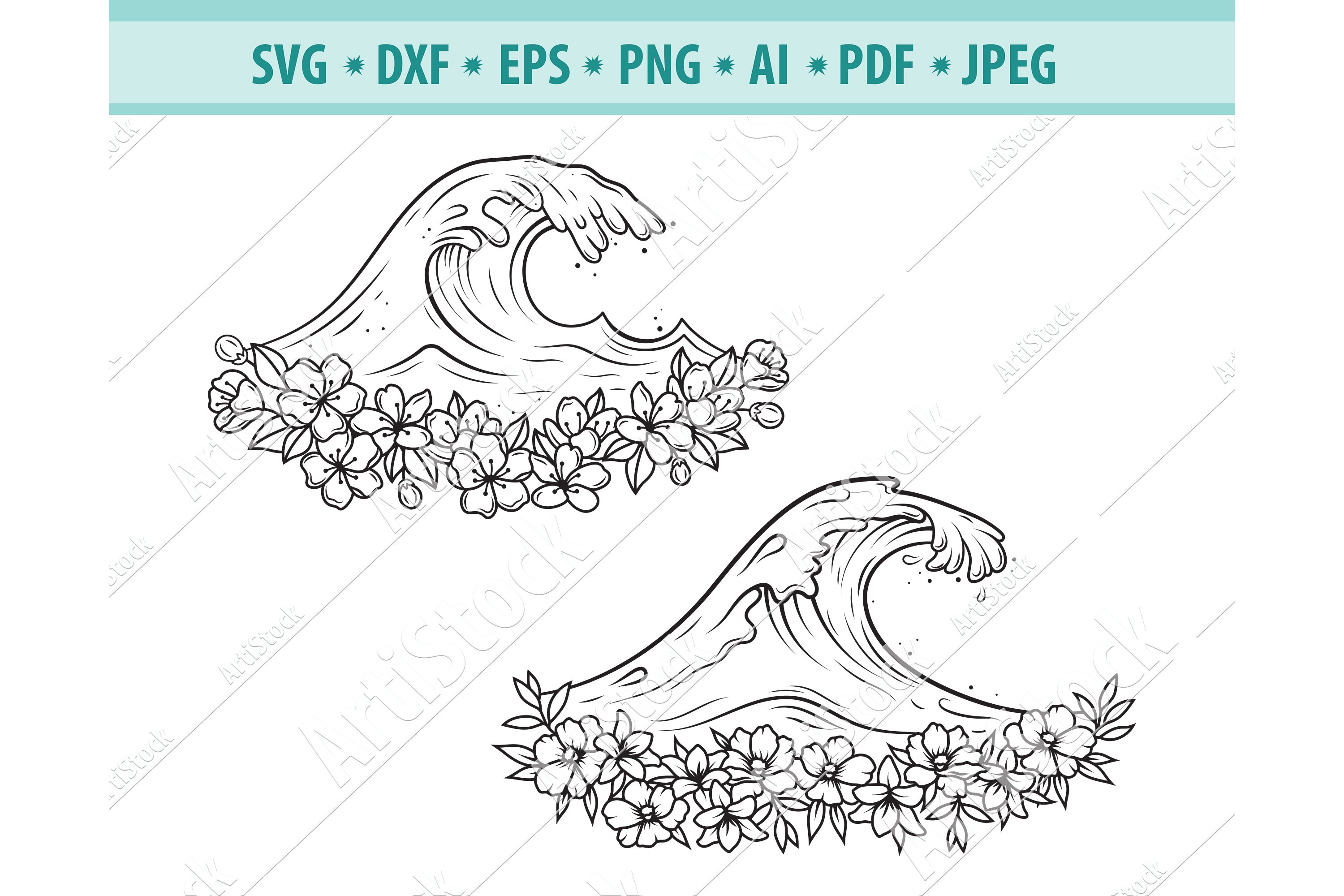 Wave SVG, Wave with flowers Svg, Water wave Png, Eps, Dxf (1424521 ...