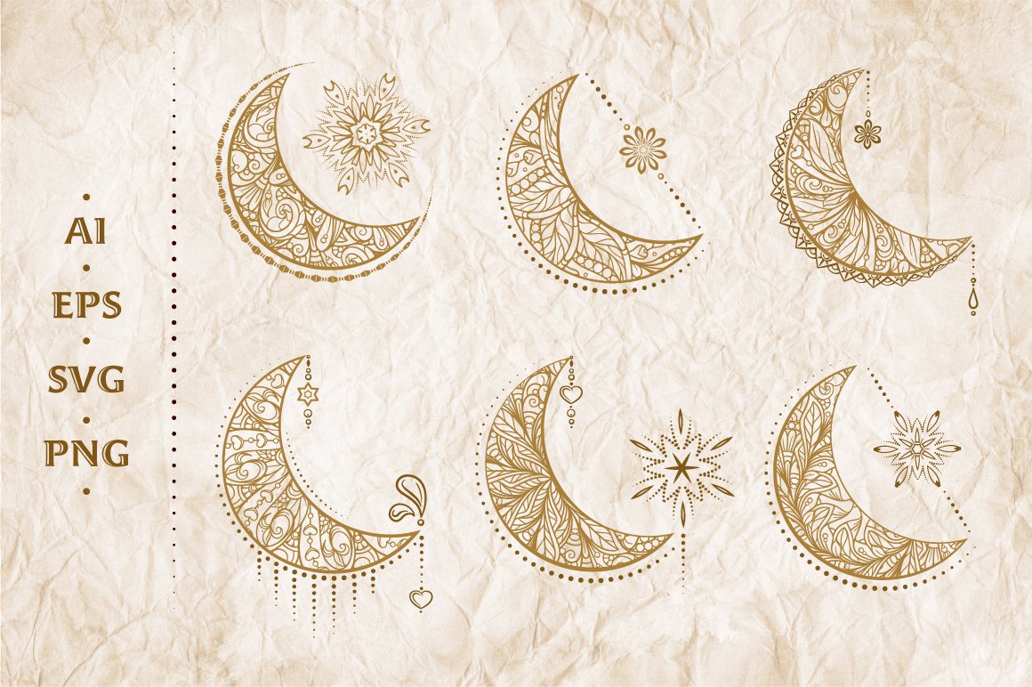 Patterned moon illustrations set.