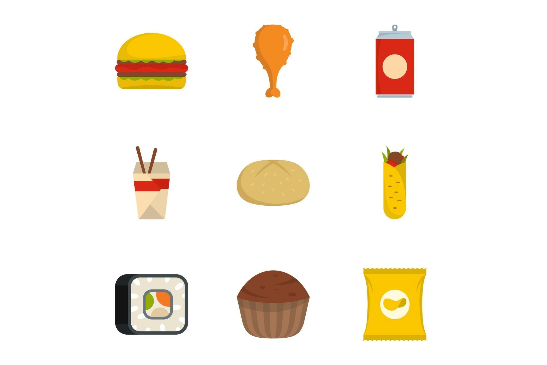 Junk food icons set, flat style (1464800) | Icons | Design Bundles