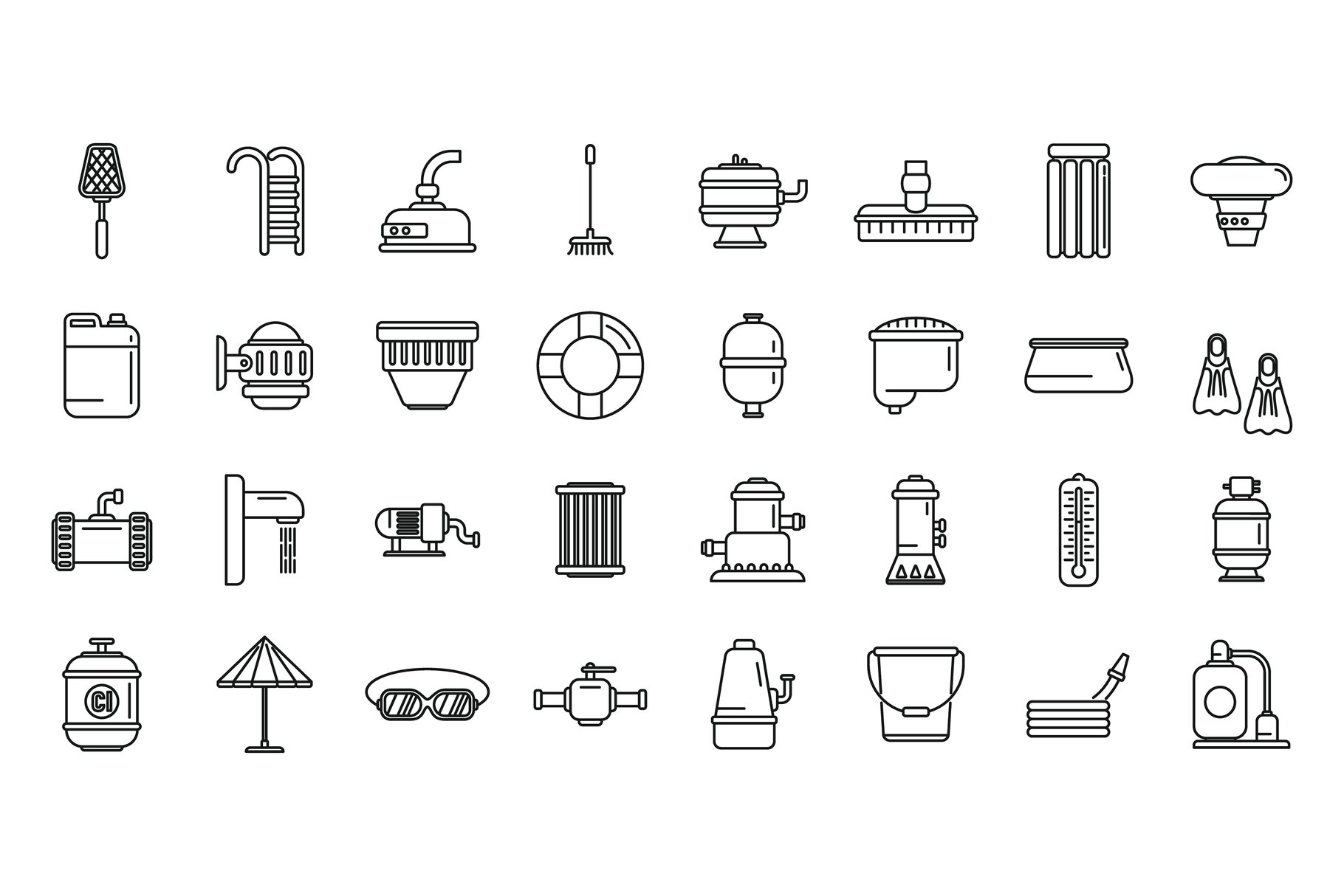 Equipment for pool icons set outline vector. Clean skimmer (2223900 ...