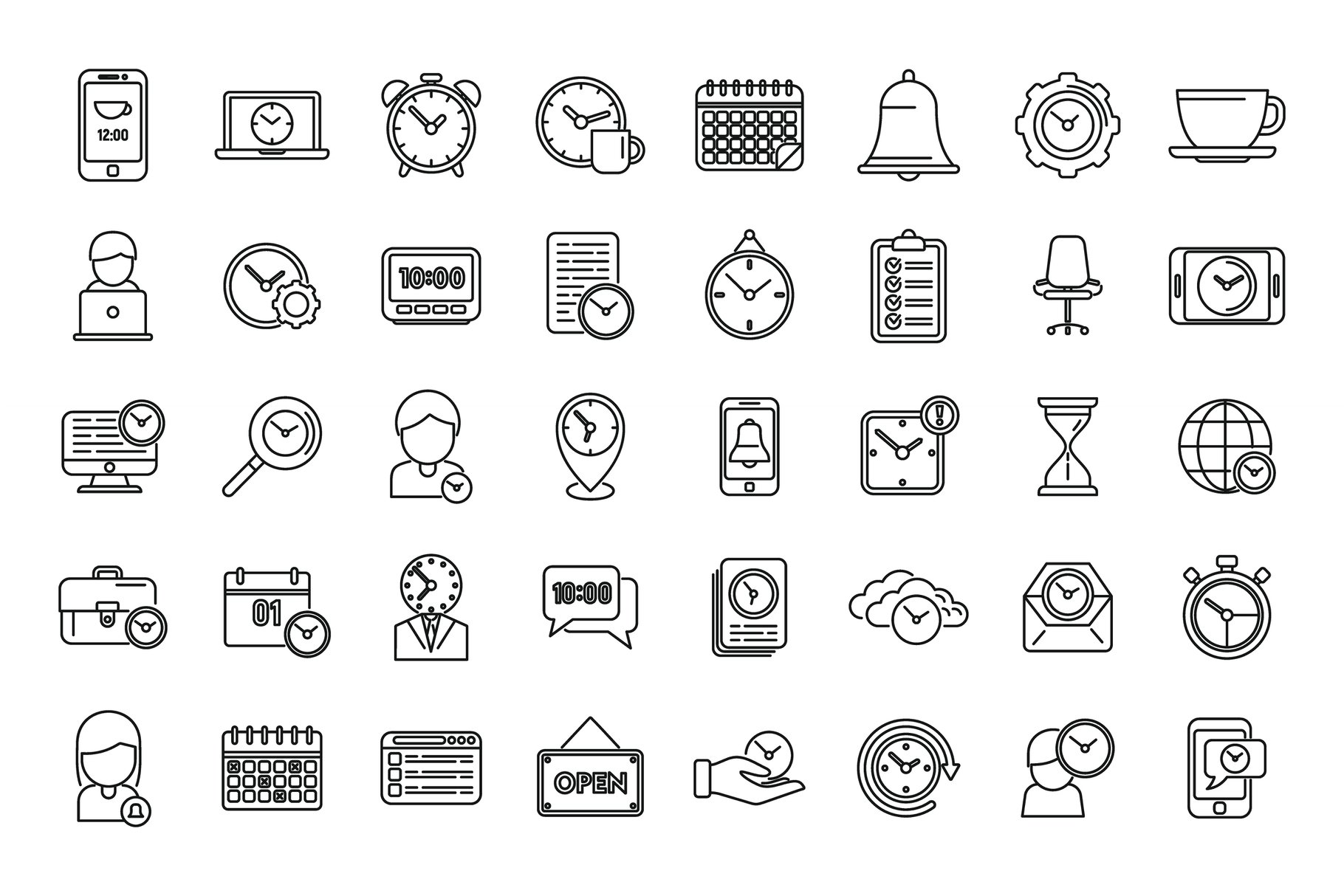 Flexible working hours icons set outline vector. Alarm clock (2223975 ...