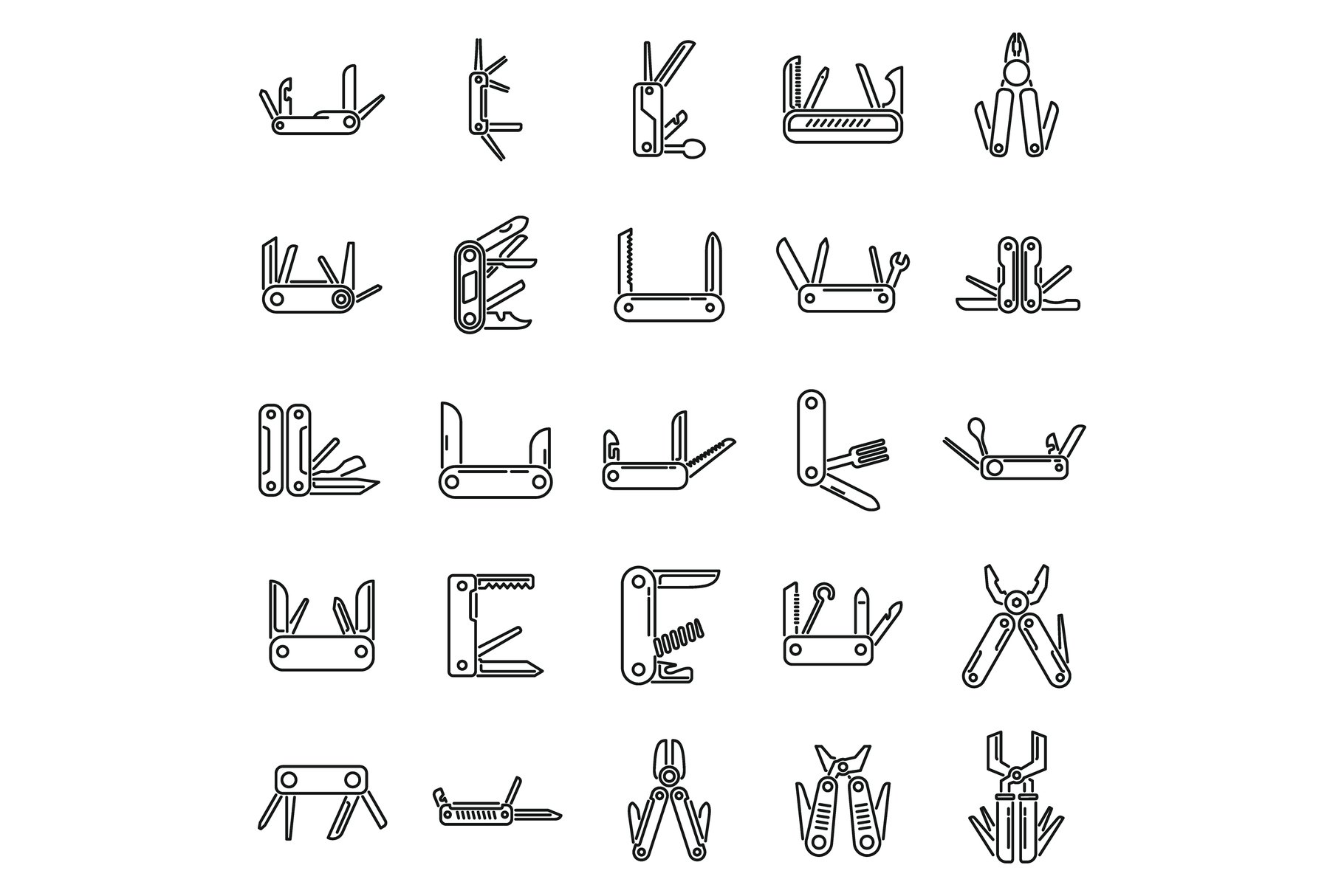 Multitool icons set outline vector. Multifunctional knife (2224059 ...